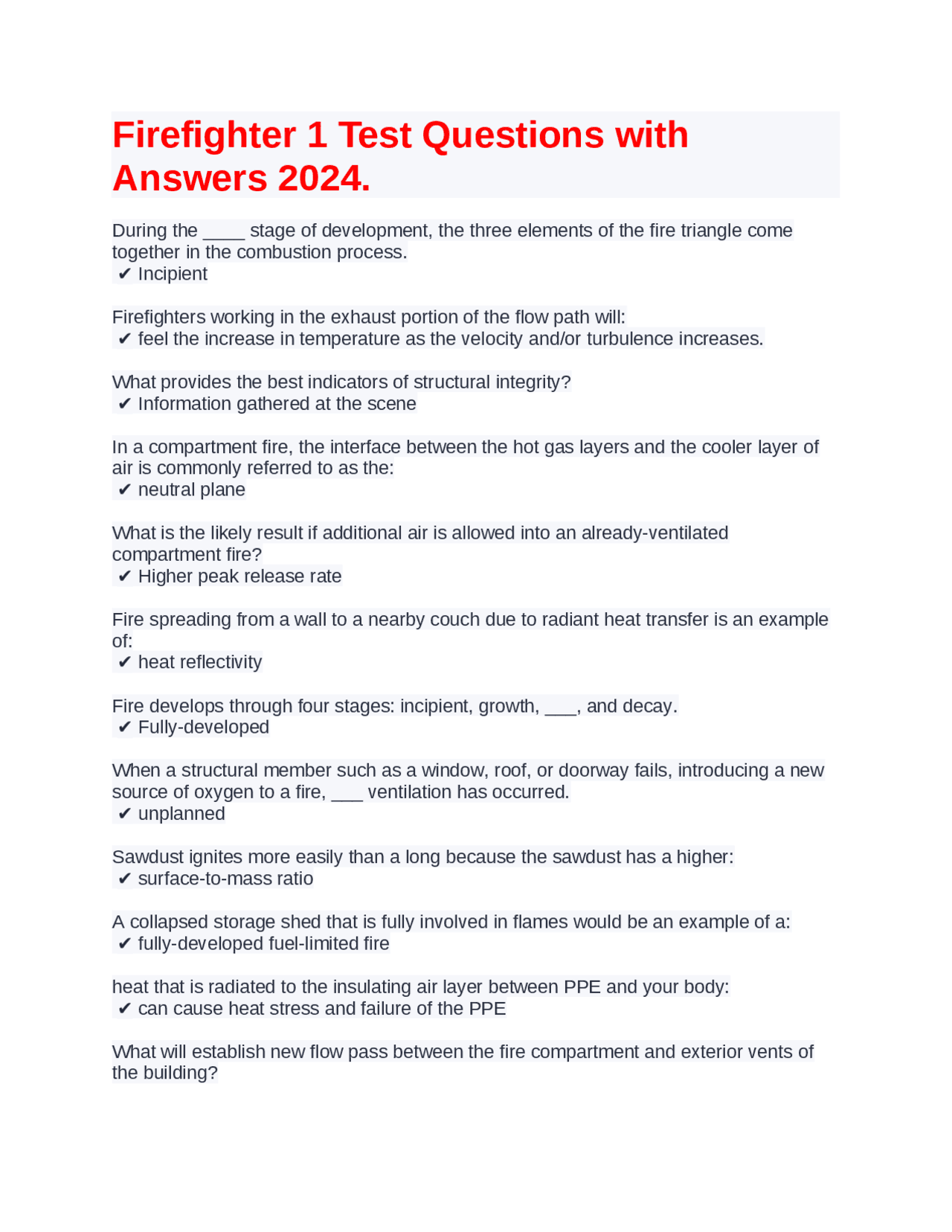 Firefighter 1 Test Questions with Answers 2024. | Exams Engineering ...