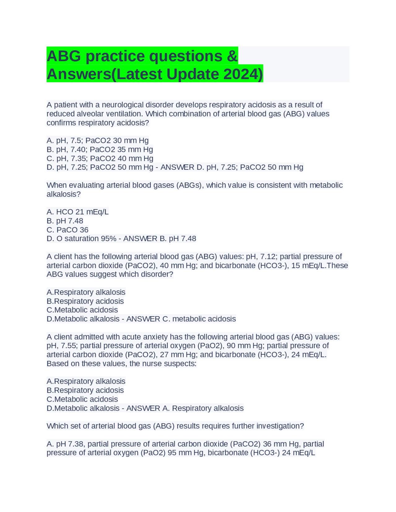 ABG Practice Questions and Answers: Respiratory and Metabolic Acidosis ...