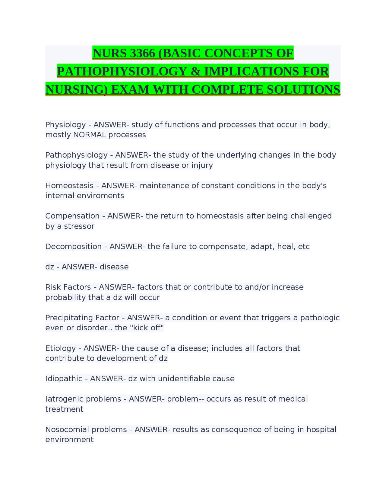 NURS 3366 (BASIC CONCEPTS OF PATHOPHYSIOLOGY & IMPLICATIONS FOR NURSING ...
