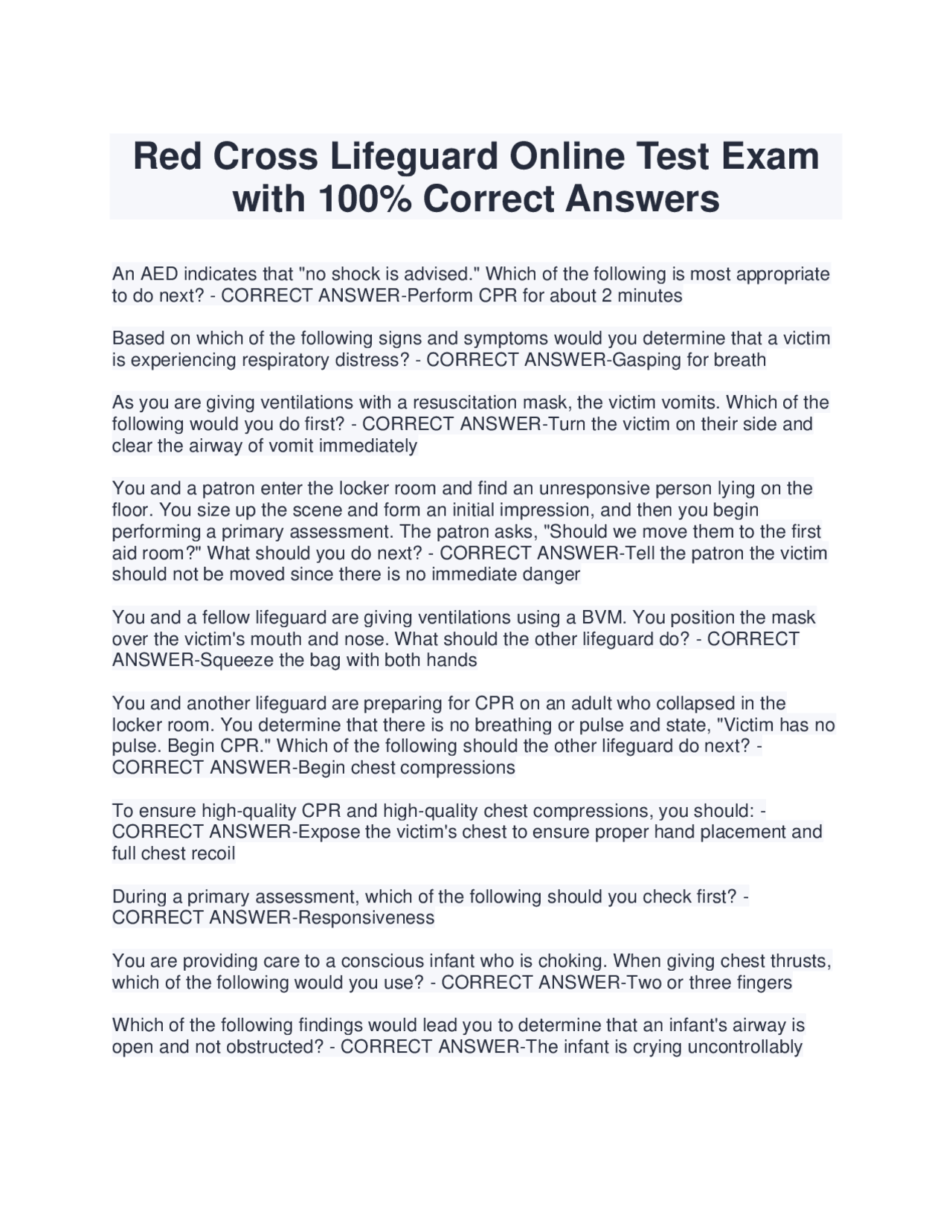 Red Cross Lifeguard Online Test Exam with 100% Correct Answers | Exams ...