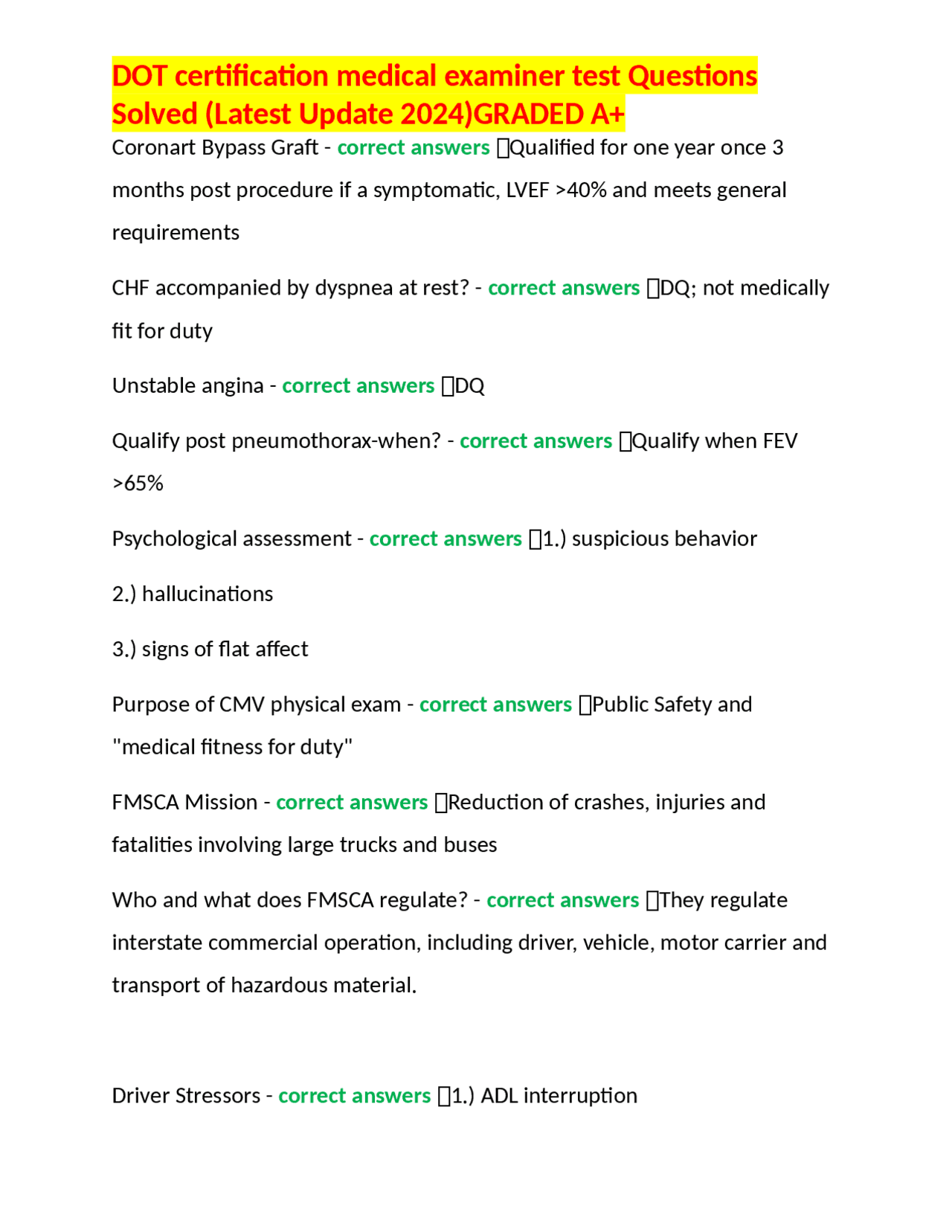 DOT certification medical examiner test Questions Solved (Latest Update ...