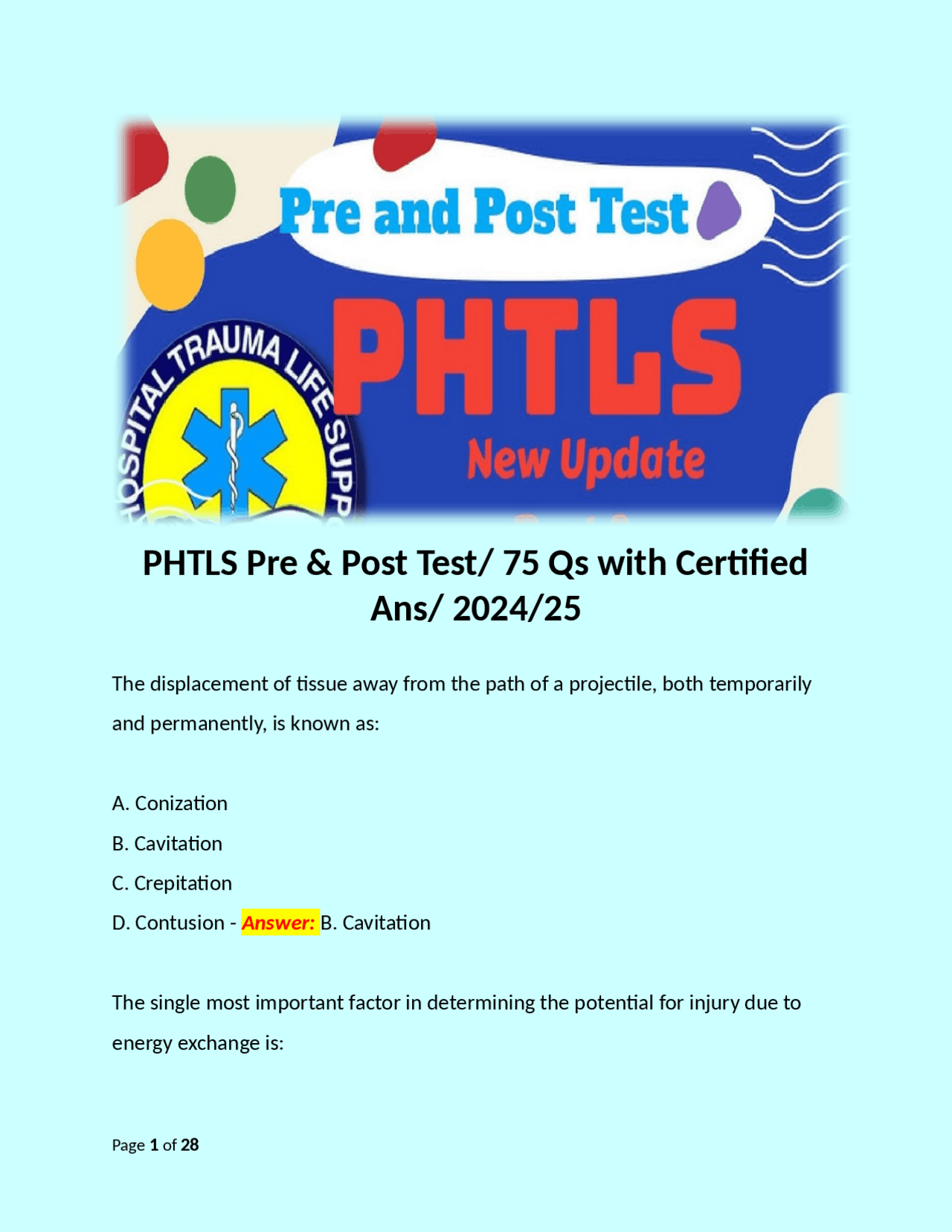 PHTLS Pre & Post Test/ 75 Qs with Certified Ans/ 2024/25. | Exams ...