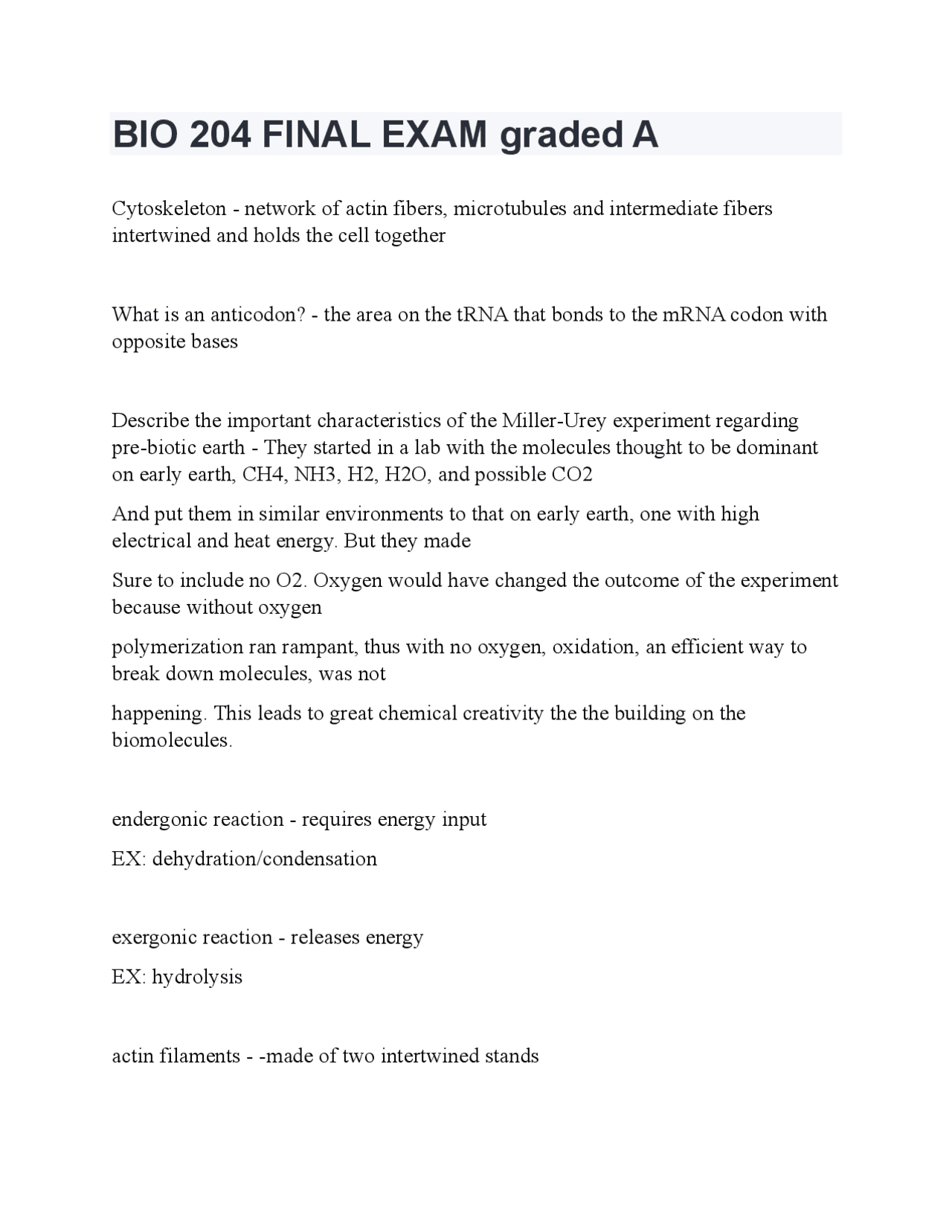 BIO 204 FINAL EXAM graded A | Exams Biology | Docsity