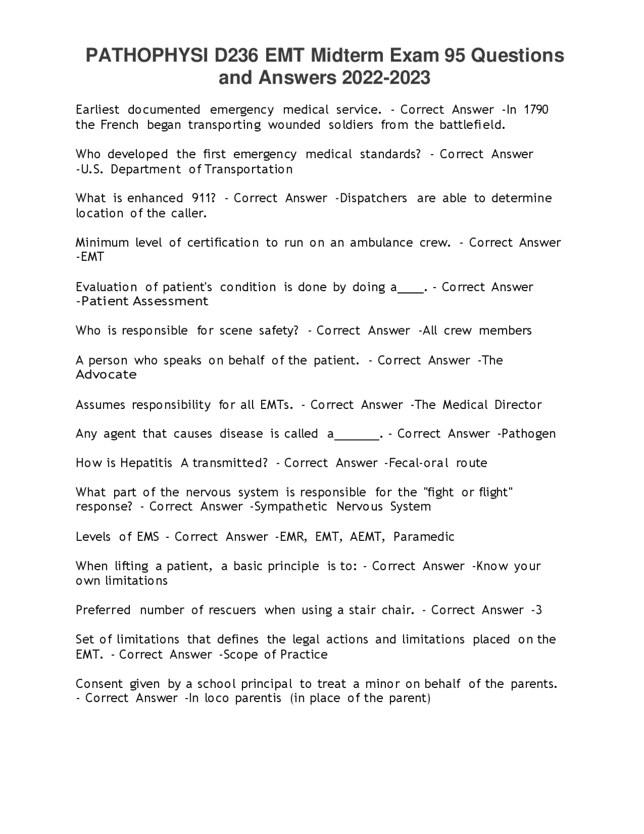 PATHOPHYSI D236 EMT Midterm Exam 95 Questions and Answers | Exams ...