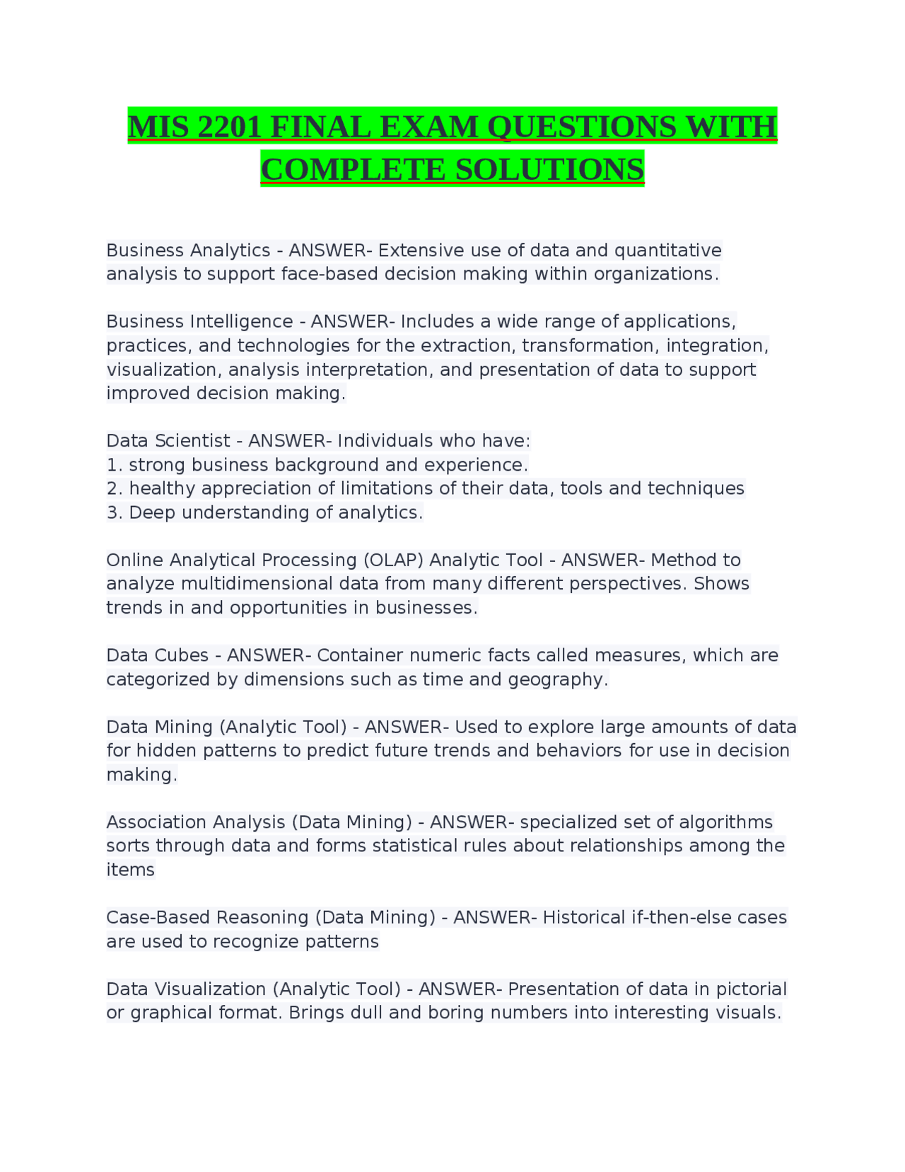 MIS 2201 FINAL EXAM QUESTIONS WITH COMPLETE SOLUTIONS | Exams Information Systems | Docsity