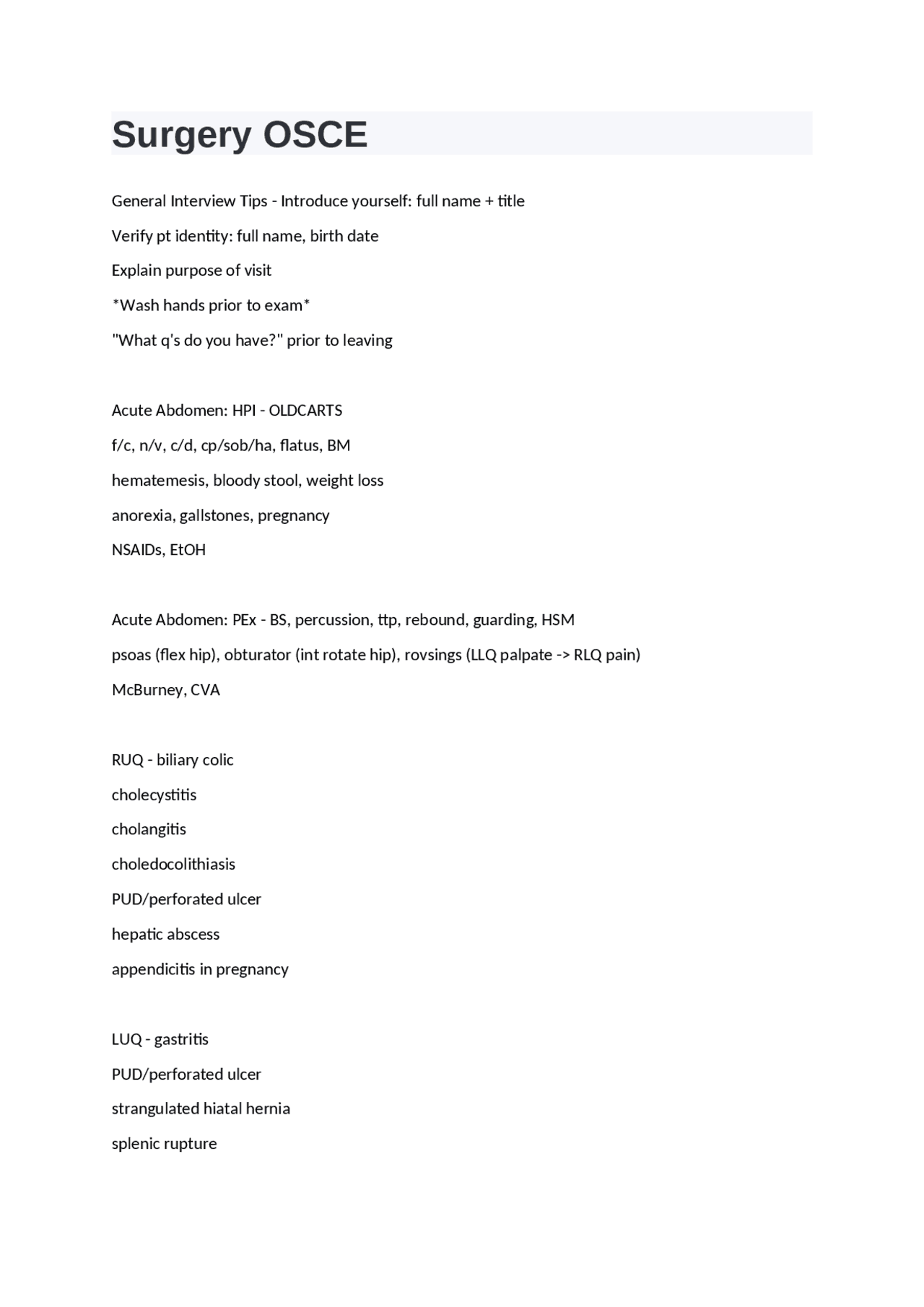 Surgery OSCE (Questions and answers) | Exams Nursing | Docsity