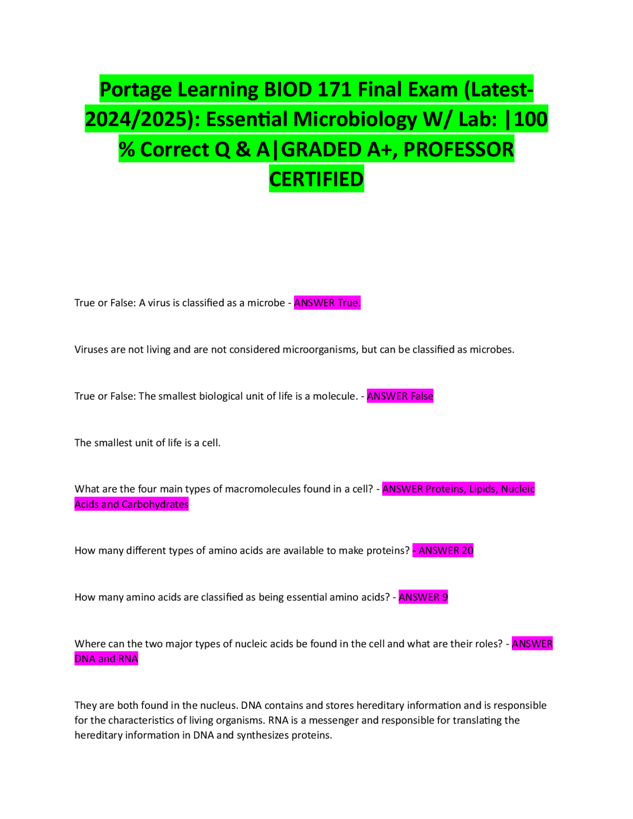 Portage Learning BIOD 171 Final Exam (Latest- 2024/2025): Essential ...