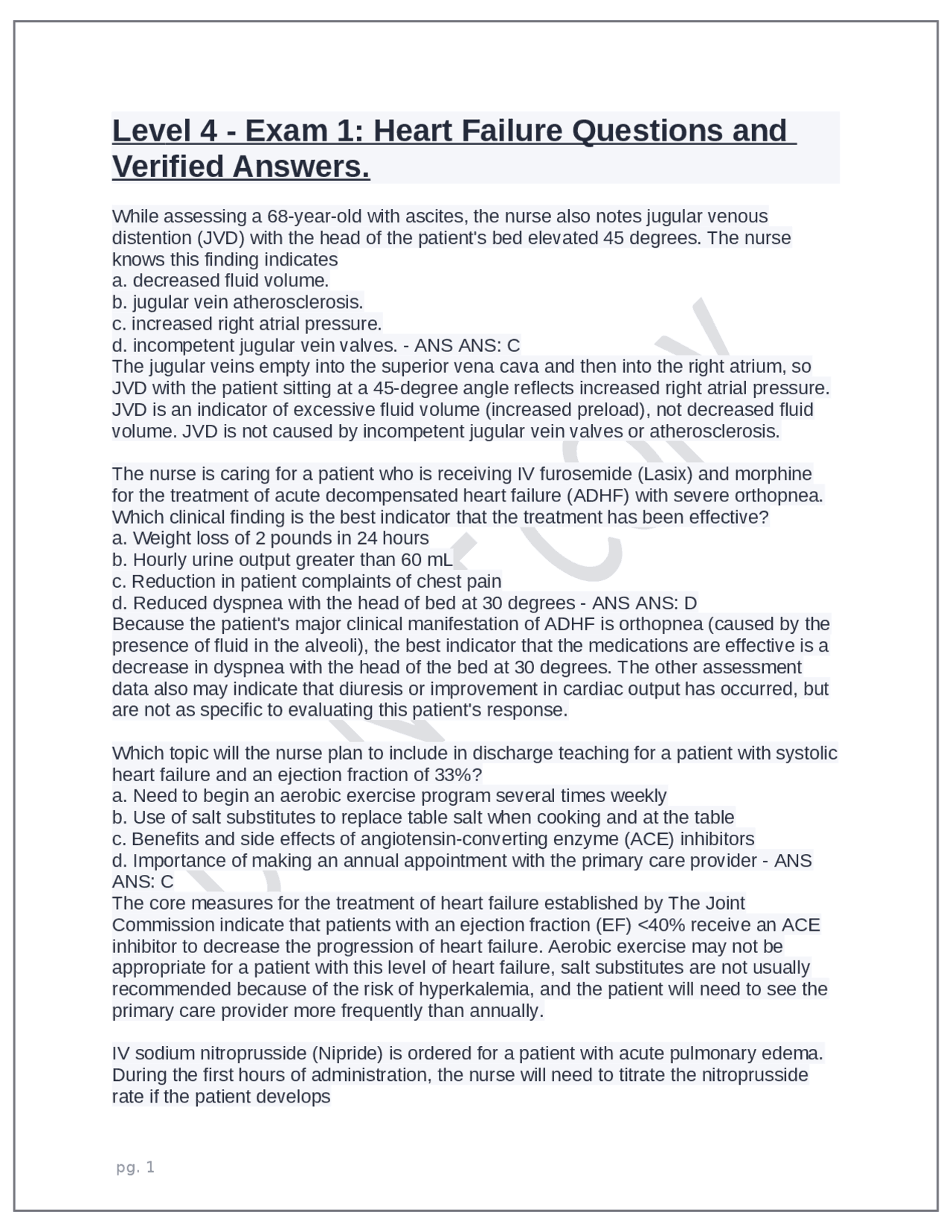 Level 4 - Exam 1: Heart Failure Questions and Verified Answers. | Exams ...