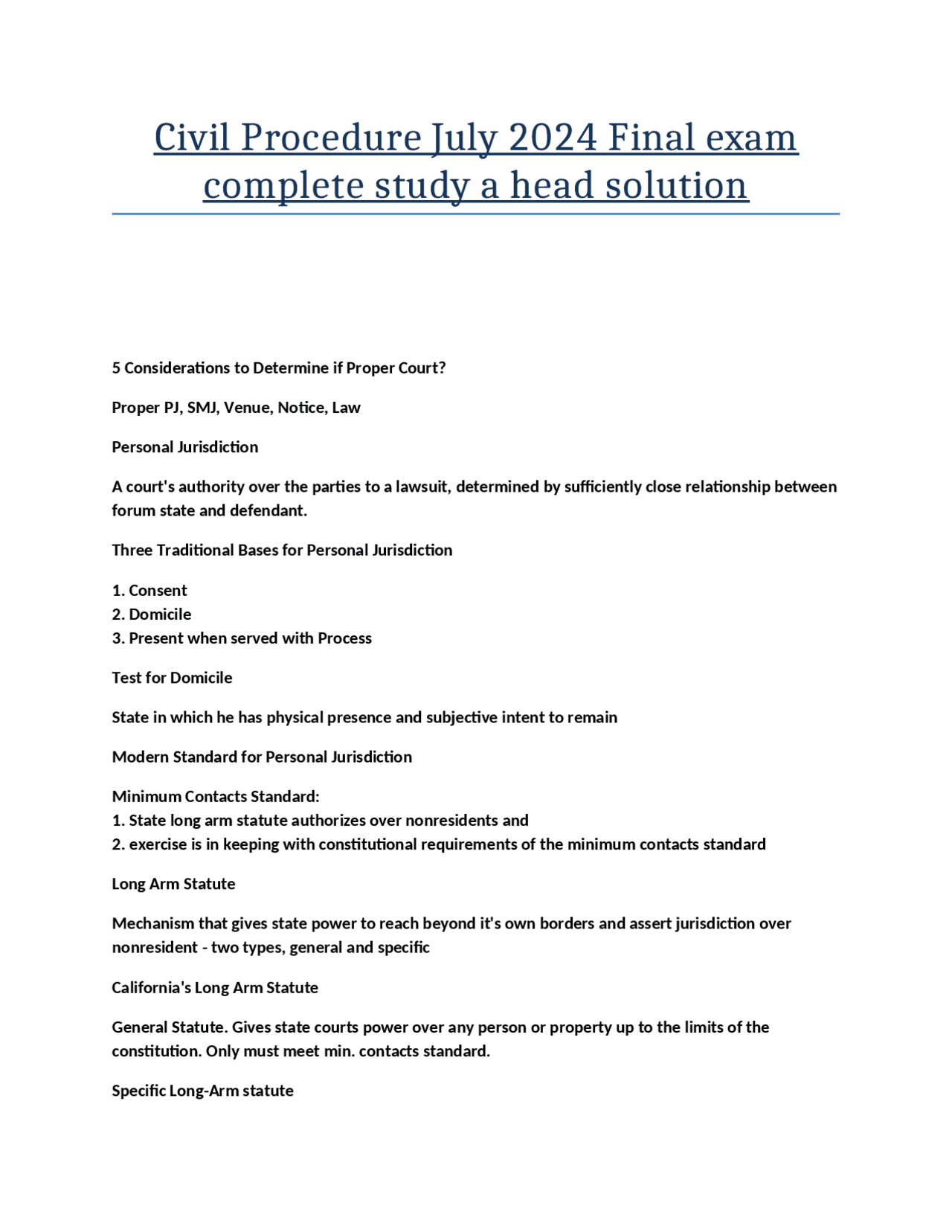 CALIFORNIA BAR EXAM Civil Procedure July 2024 Final exam complete study a head solution | Exams ...