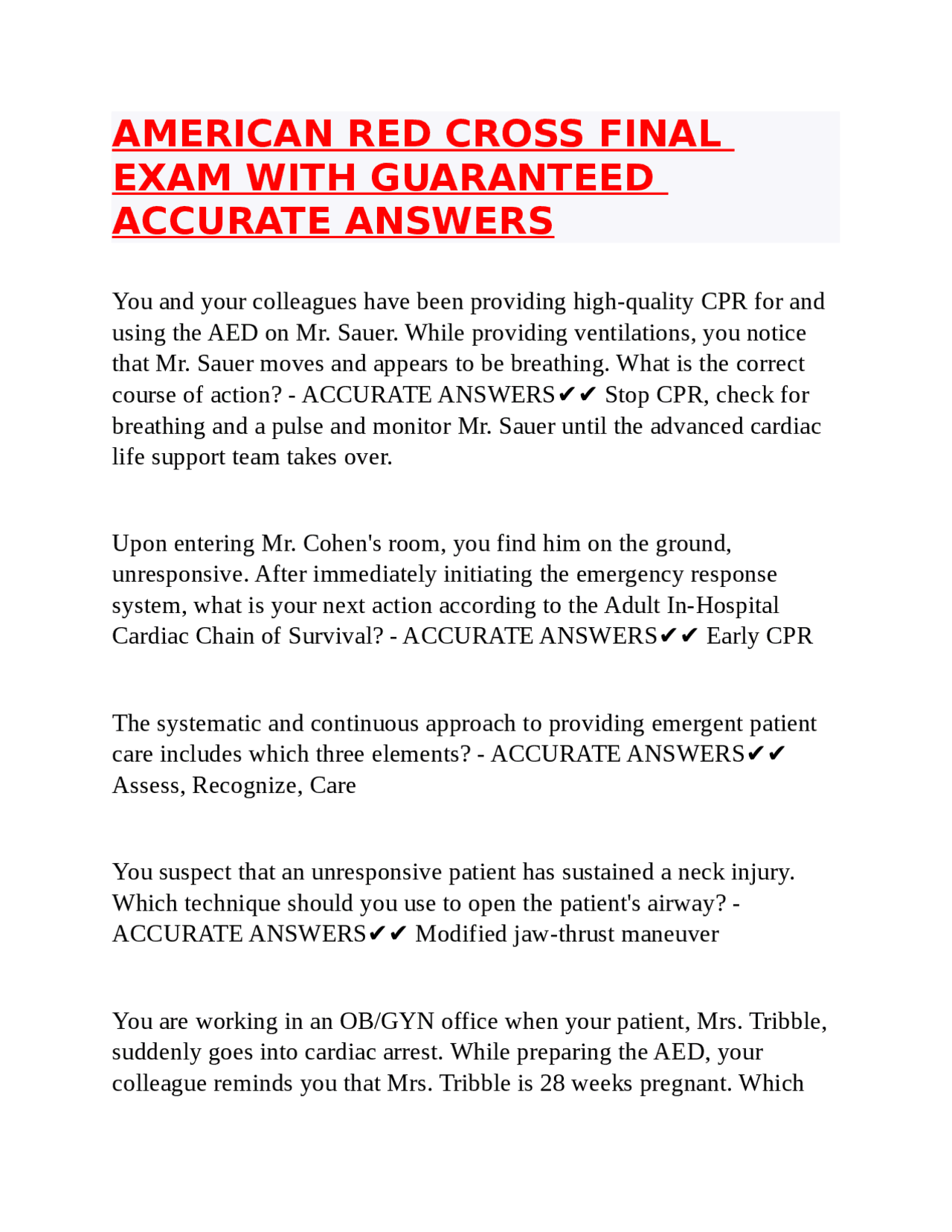 AMERICAN RED CROSS FINAL EXAM WITH GUARANTEED ACCURATE ANSWERS | Exams ...