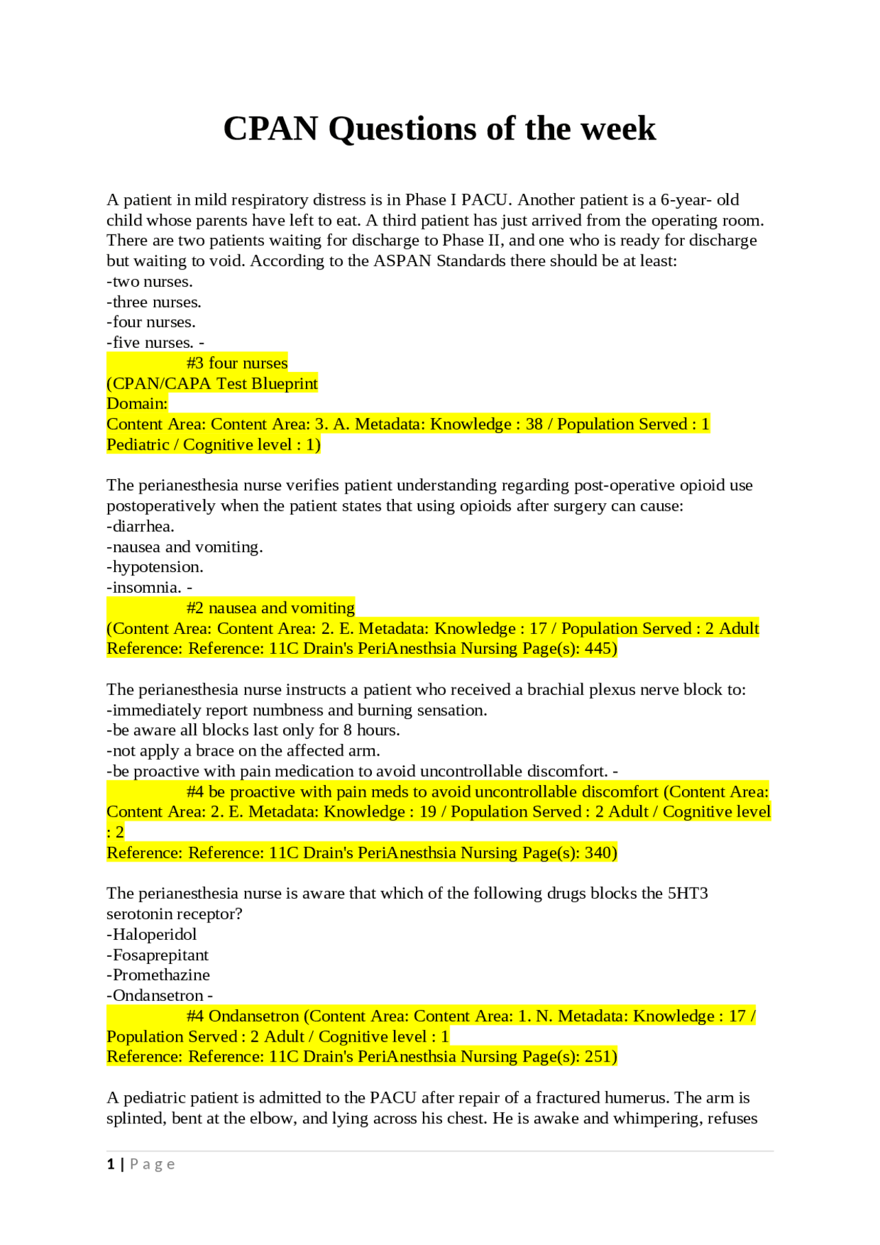 CPAN Questions of the week. | Exams Nursing | Docsity