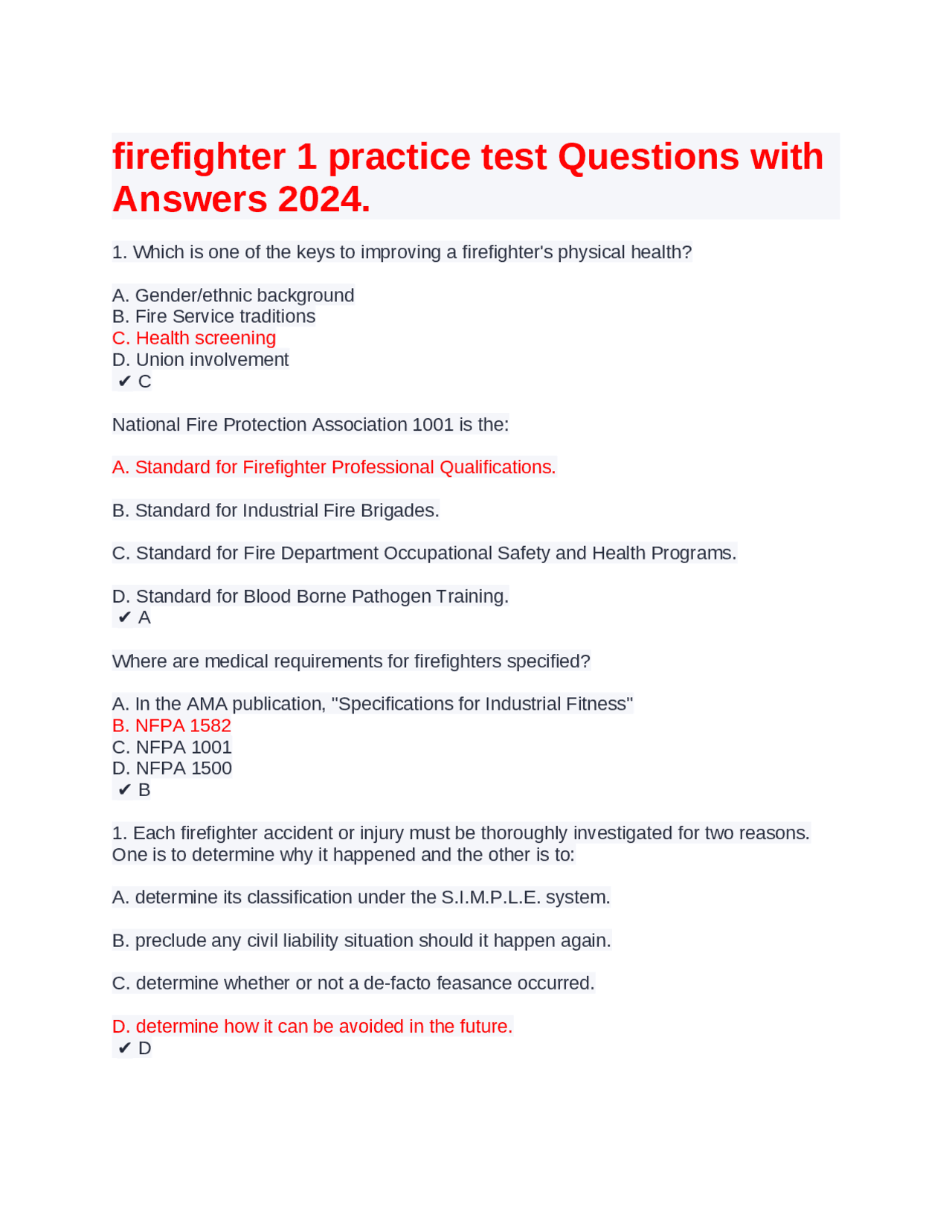 firefighter 1 practice test Questions with Answers 2024. | Exams ...