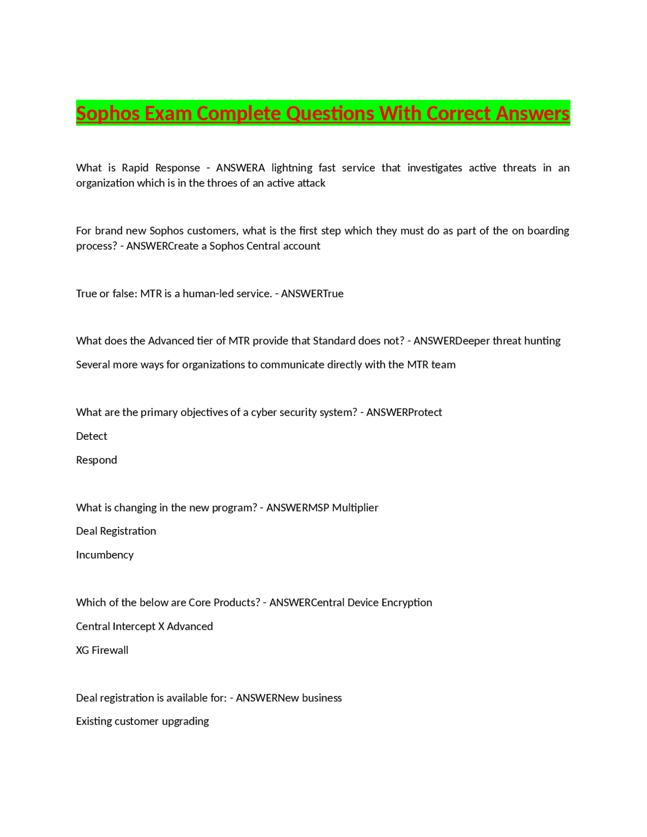 Sophos Exam Complete Questions With Correct Answers | Exams Software Engineering | Docsity