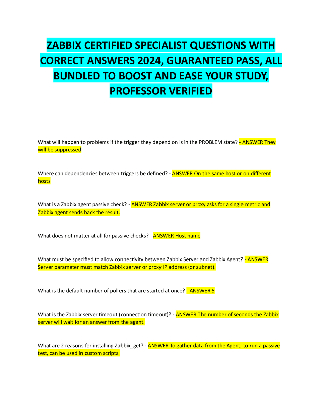 ZABBIX CERTIFIED SPECIALIST QUESTIONS WITH CORRECT ANSWERS 2024 ...