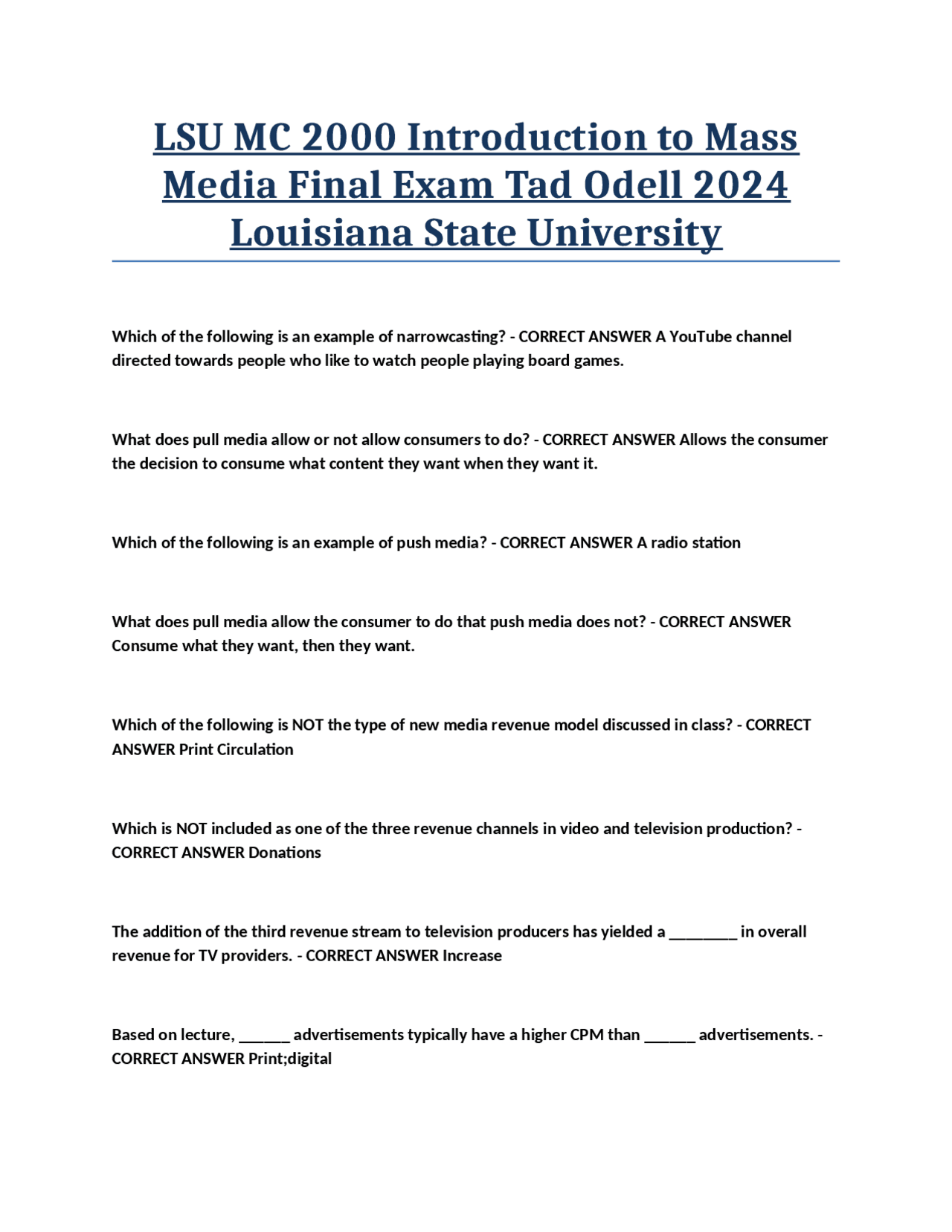 LSU MC 2000 Introduction to Mass Media Final Exam | Exams Mass ...