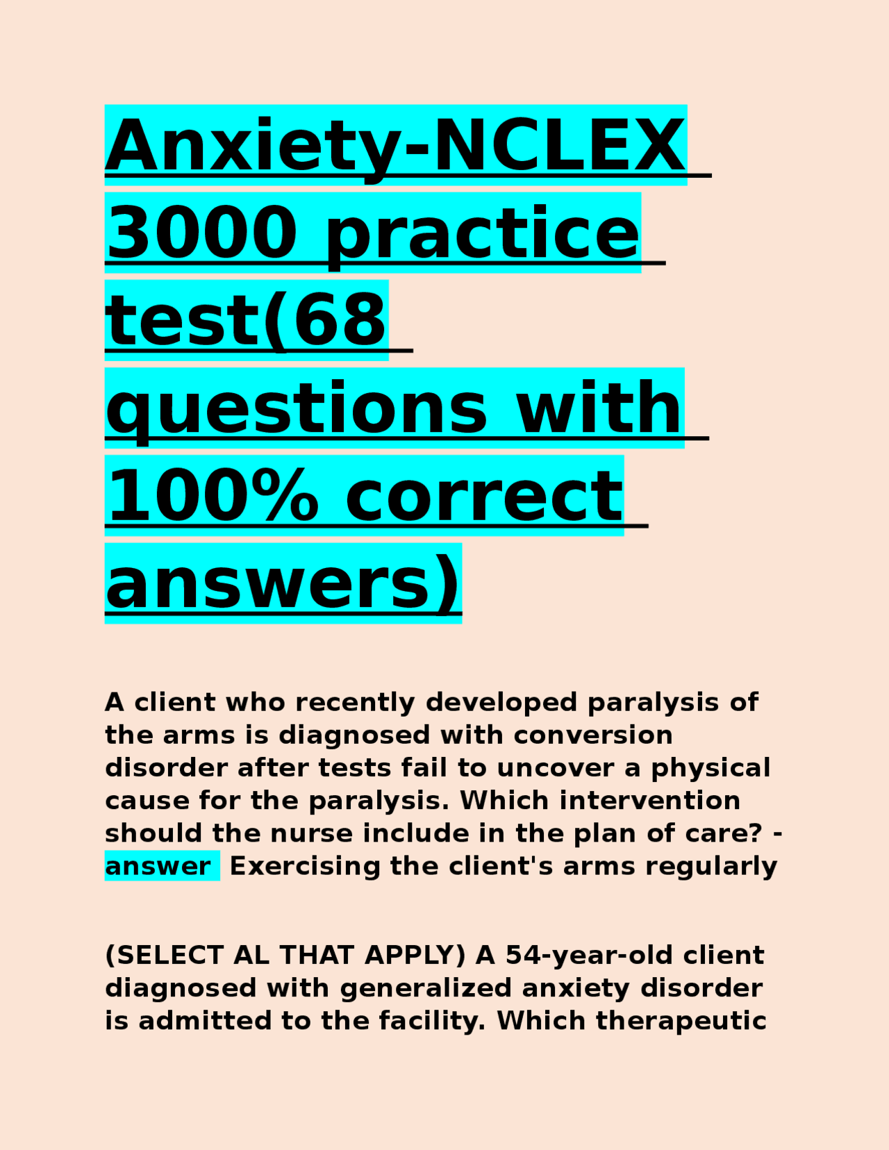 Anxiety-NCLEX 3000 practice test(68 questions with 100% correct answers ...