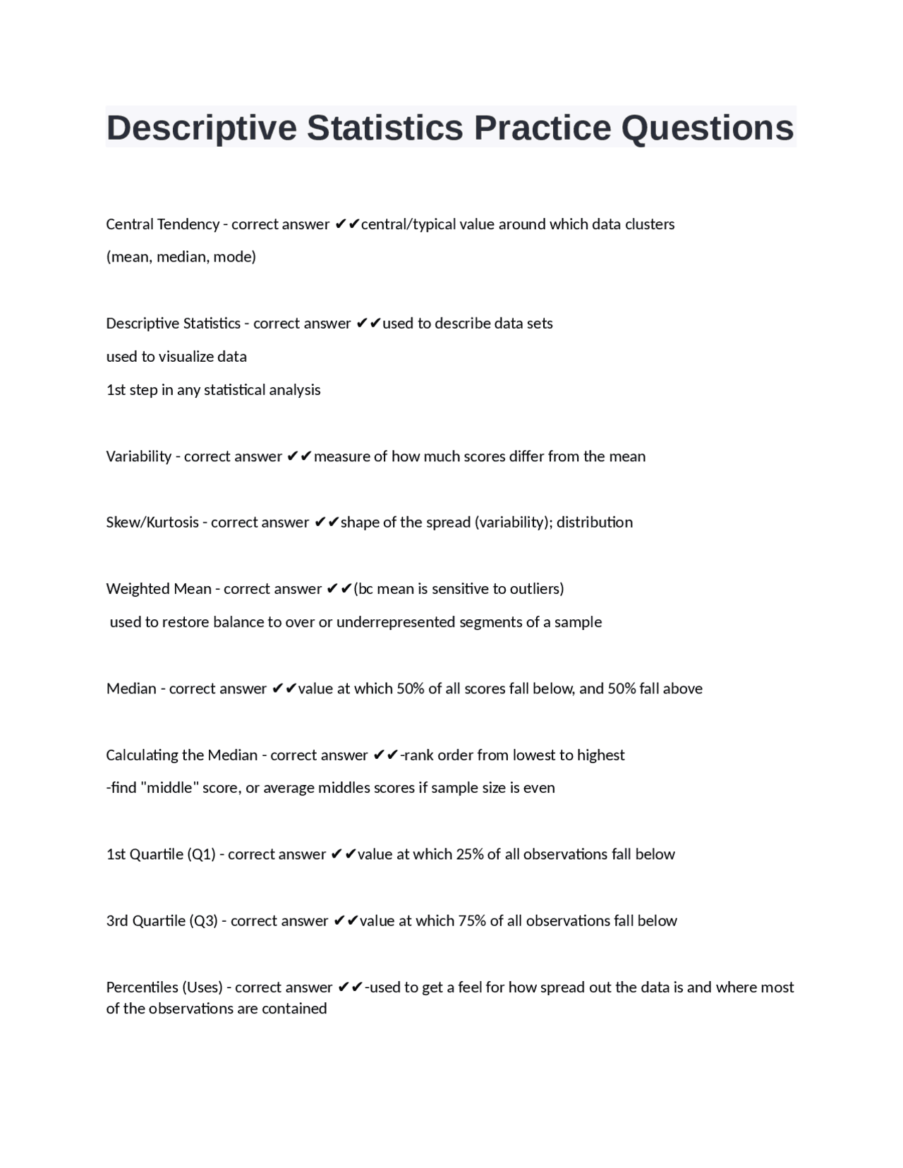 Descriptive Statistics Practice Questions | Exams Nursing | Docsity