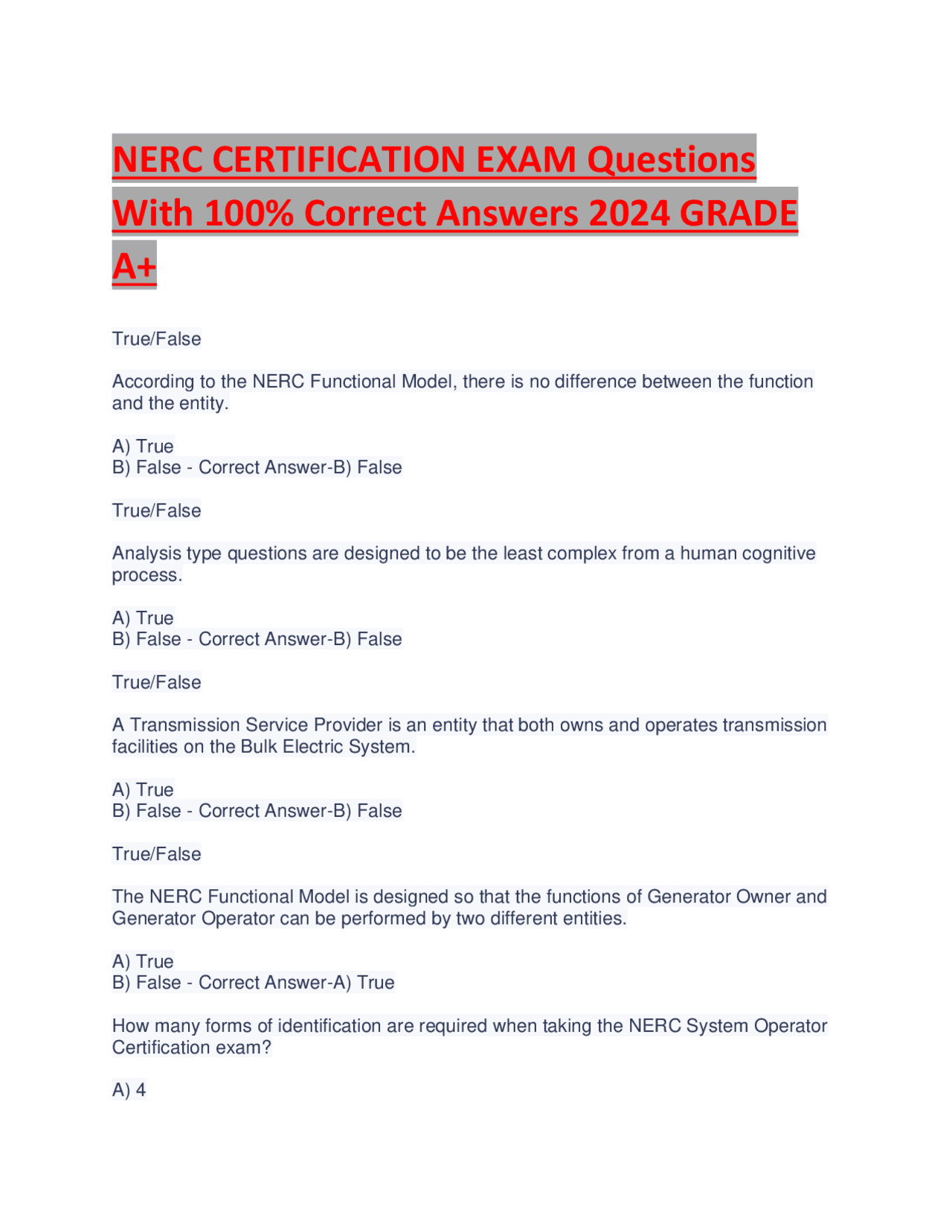 NERC CERTIFICATION EXAM Questions With 100% Correct Answers 2024 GRADE ...