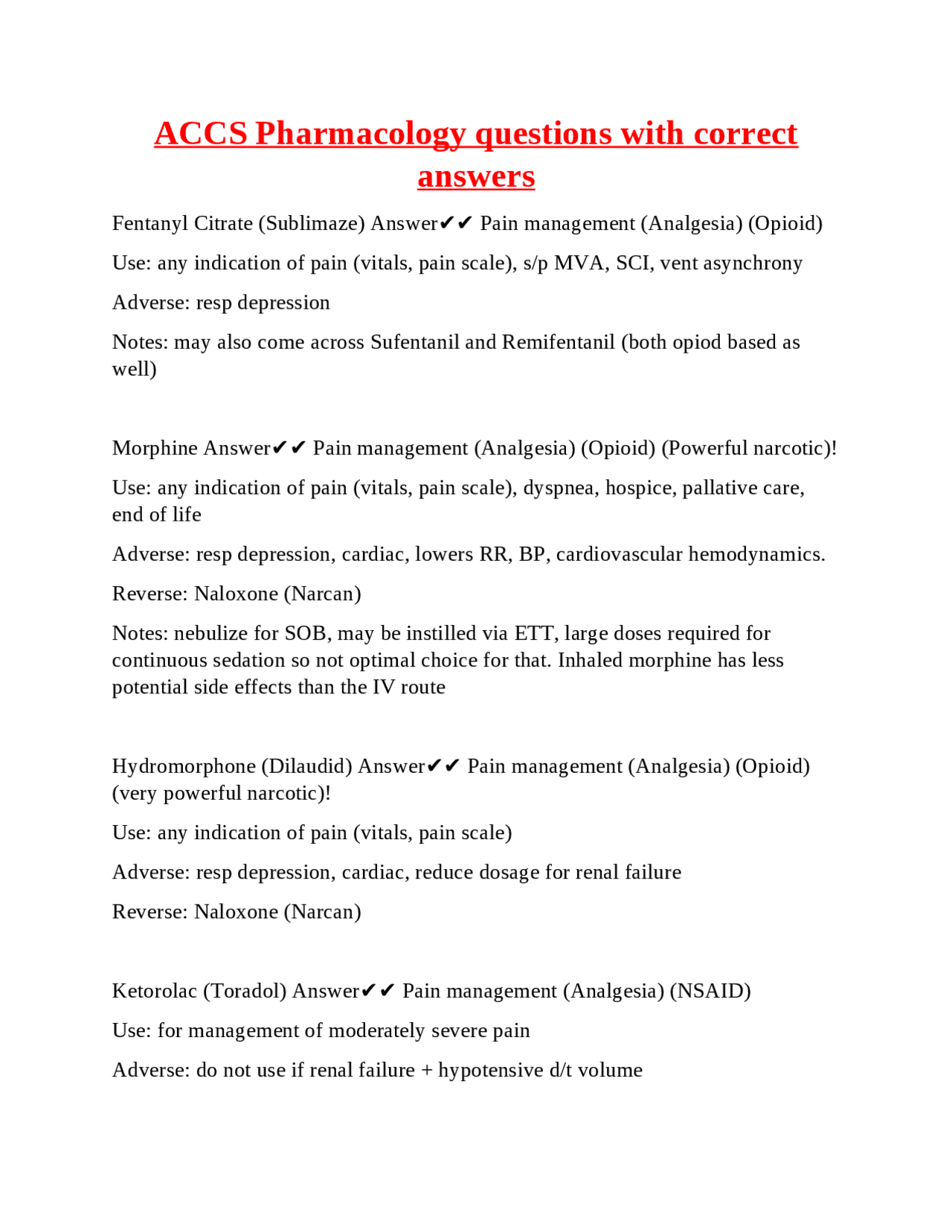 ACCS Pharmacology questions with correct answers | Exams Nursing | Docsity
