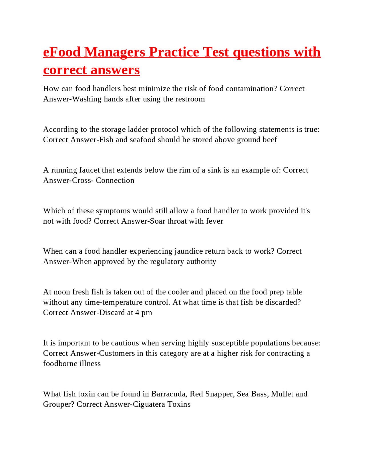 eFood Managers Practice Test questions with correct answers | Exams ...