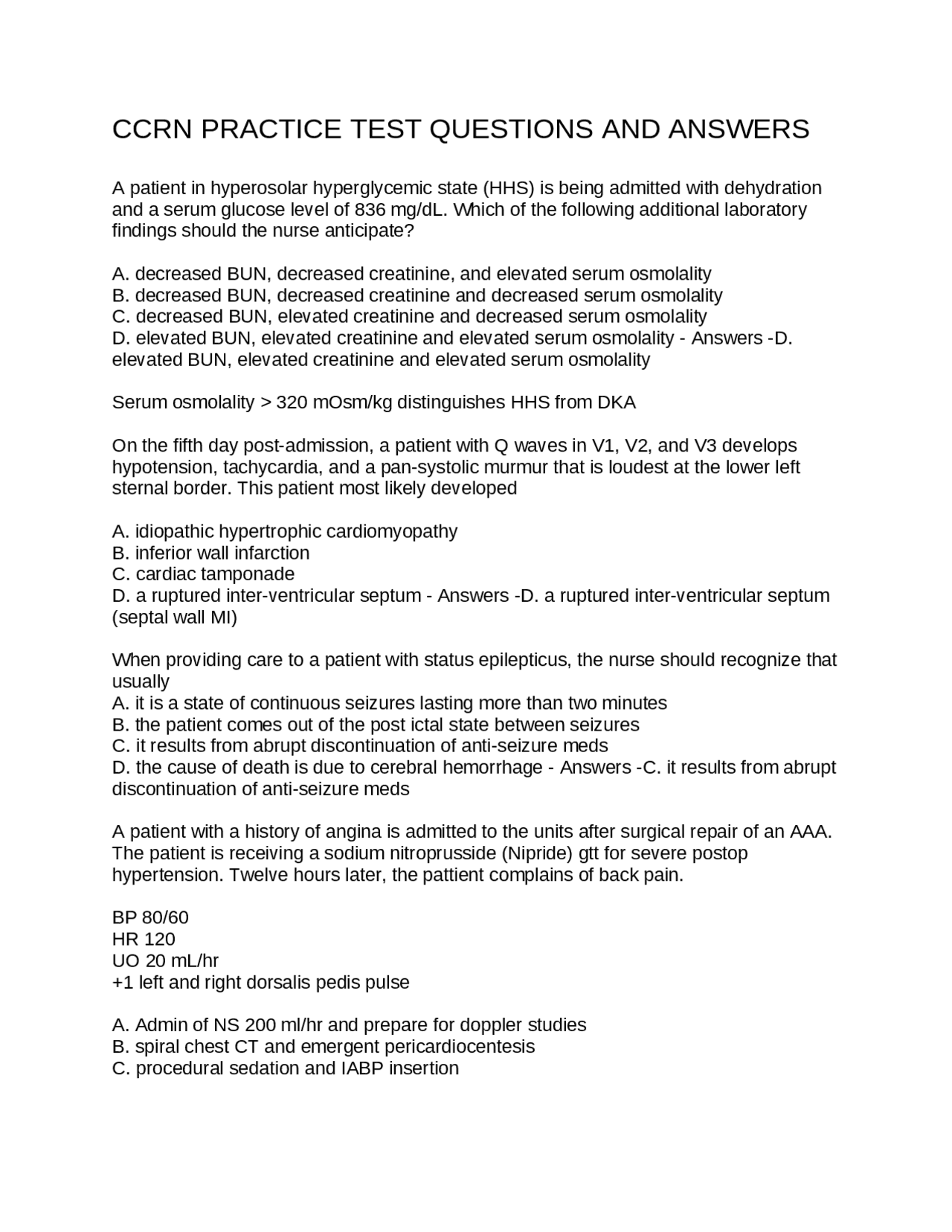 CCRN PRACTICE TEST QUESTIONS AND ANSWERS | Exams Nursing | Docsity