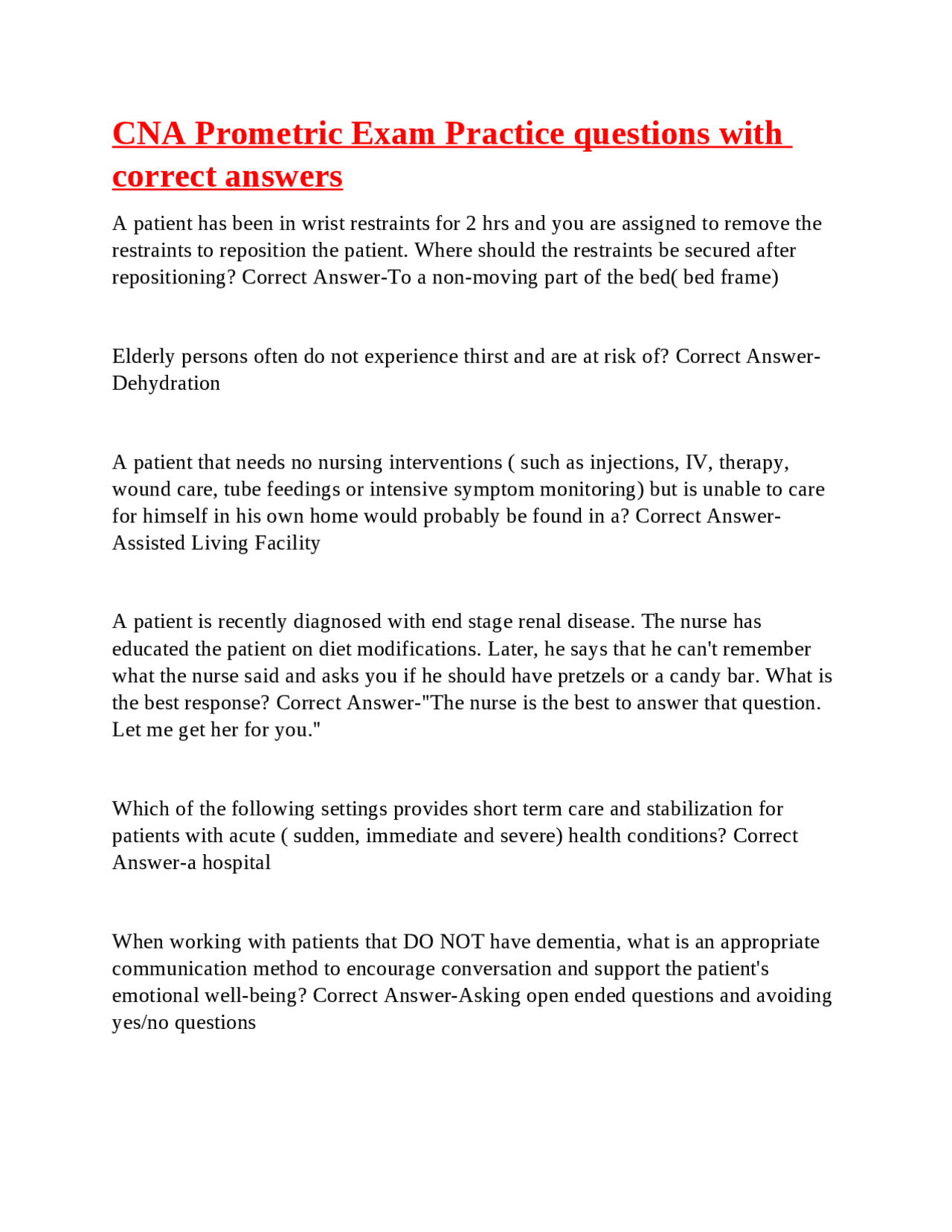 CNA Prometric Exam Practice questions with correct answers | Exams ...