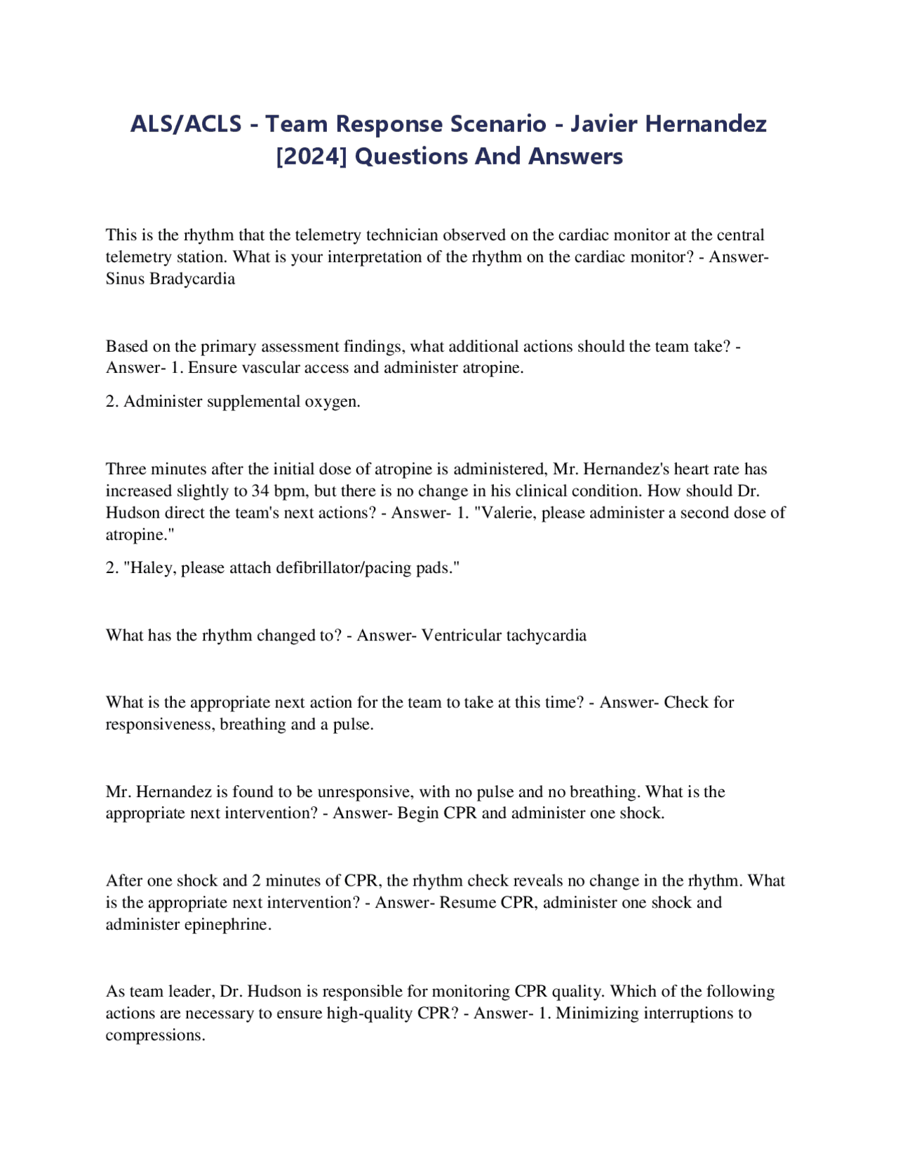 ALS/ACLS - Team Response Scenario - Javier Hernandez [2024] Questions ...