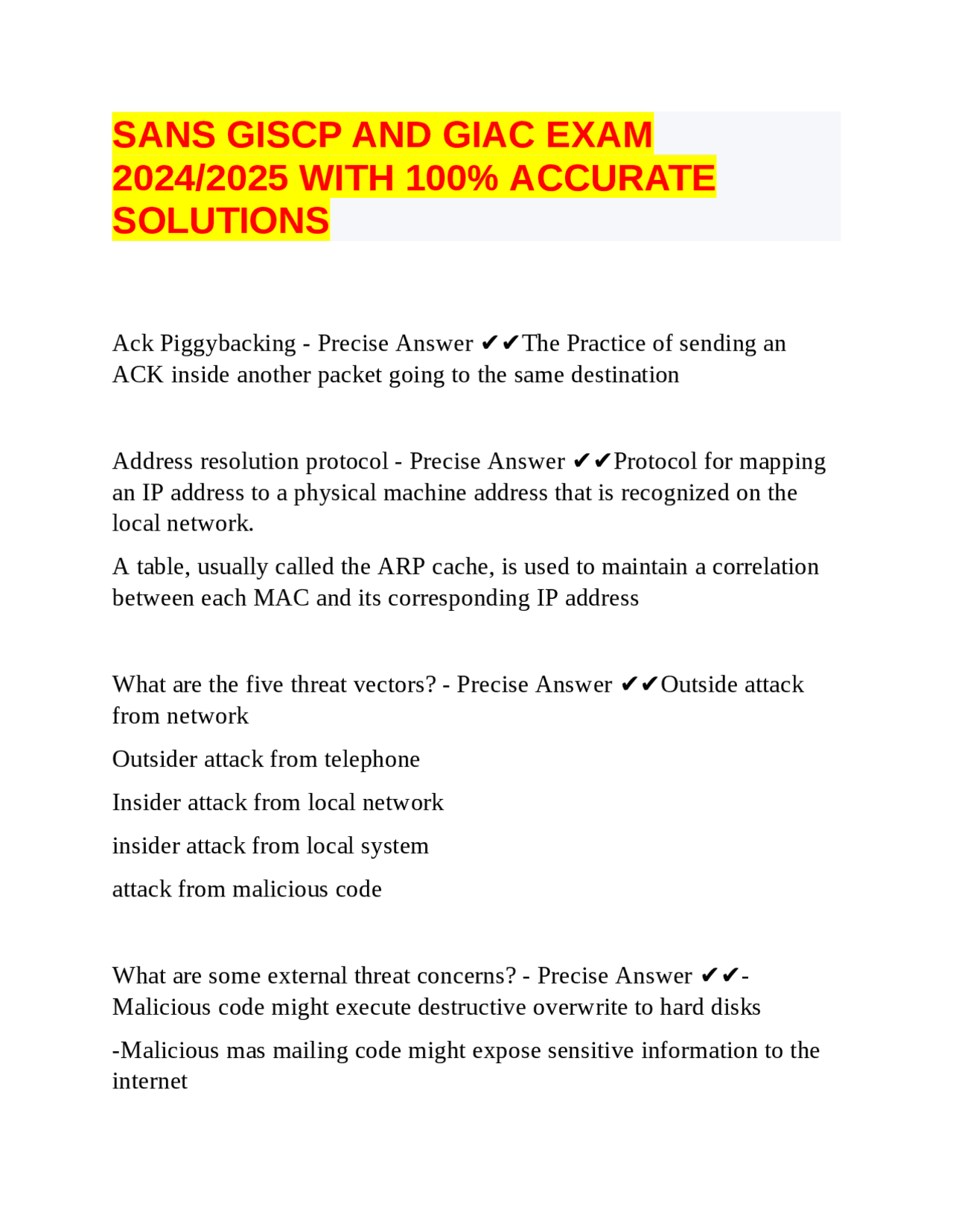 SANS GISCP AND GIAC EXAM 2024/2025 WITH 100% ACCURATE SOLUTIONS | Exams ...