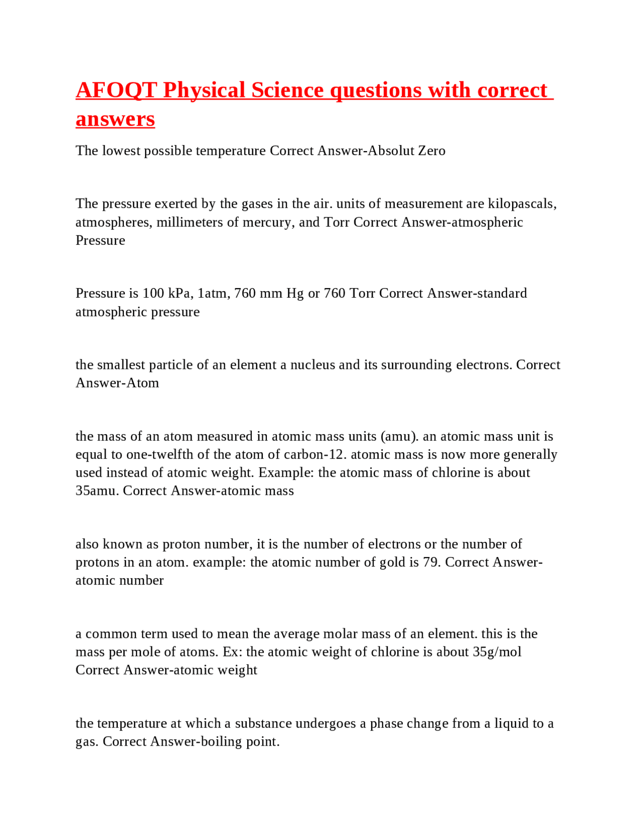 AFOQT Physical Science questions with correct answers | Exams Engineering | Docsity