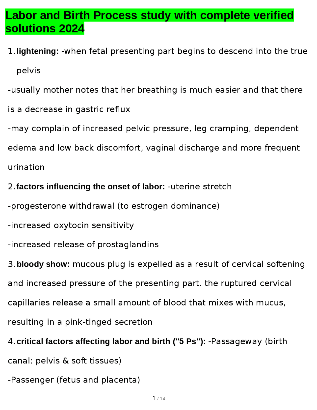 Labor and Birth Process study with complete verified solutions 2024 ...