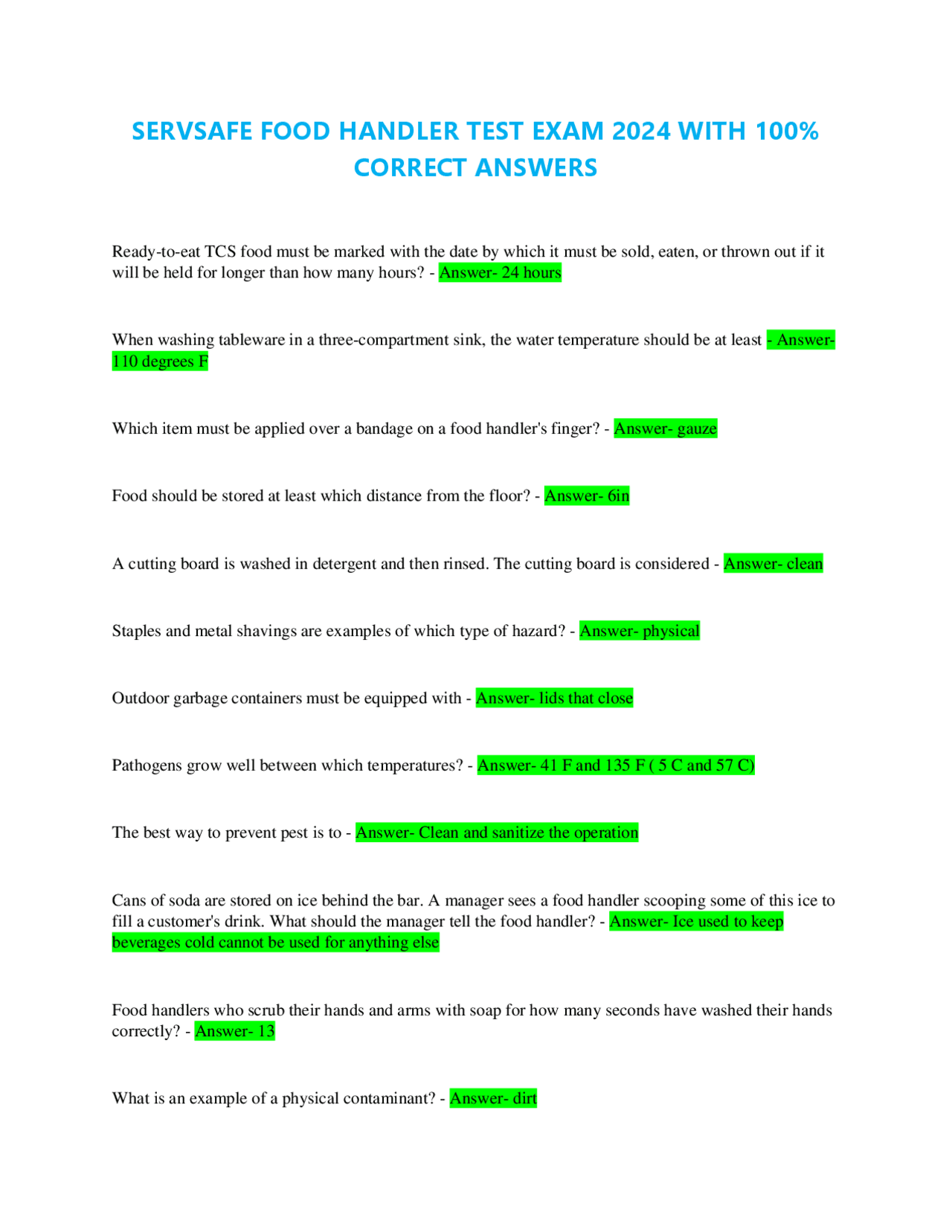 SERVSAFE FOOD HANDLER TEST EXAM 2024 WITH 100% | Exams Food science ...