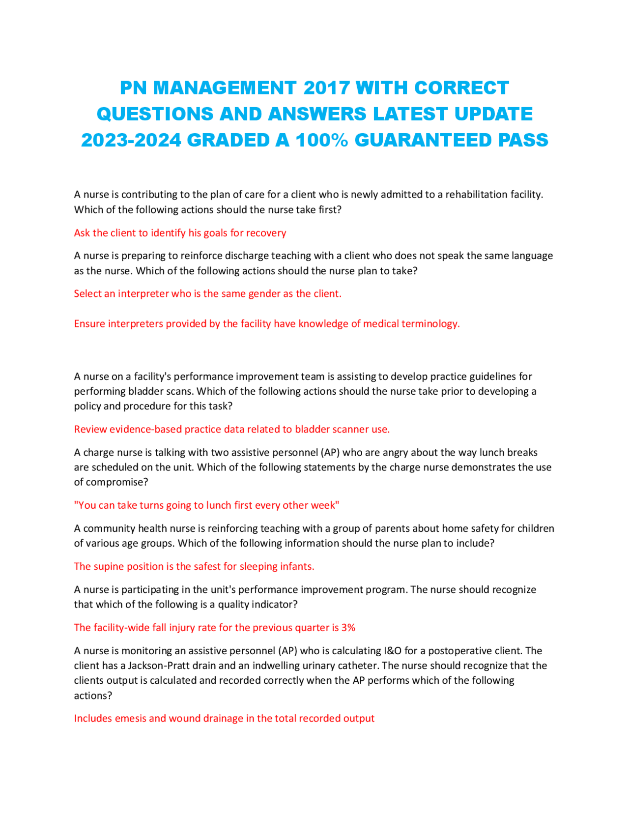 PN MANAGEMENT 2017 WITH CORRECT QUESTIONS AND ANSWERS | Exams Nursing ...