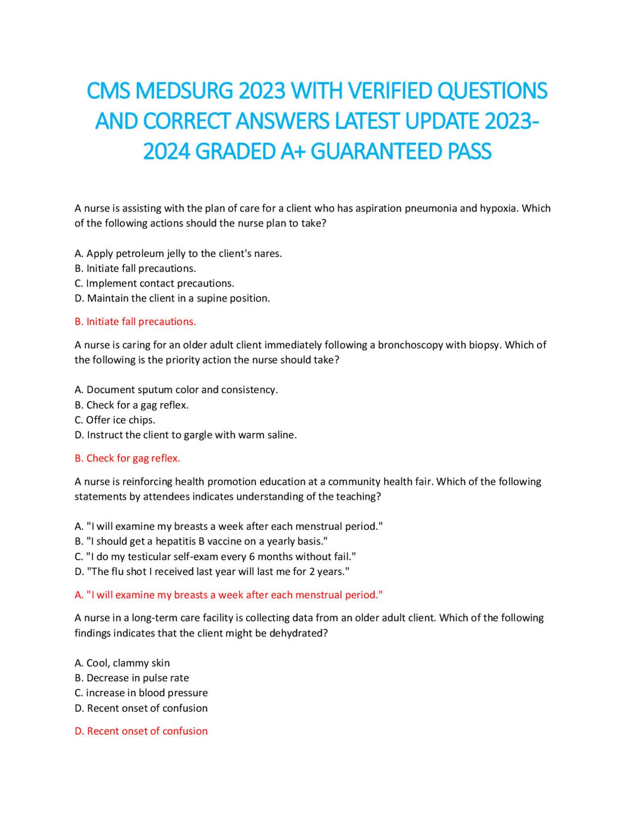 CMS MEDSURG 2023 WITH VERIFIED QUESTIONS AND CORRECT ANSWERS LATEST ...