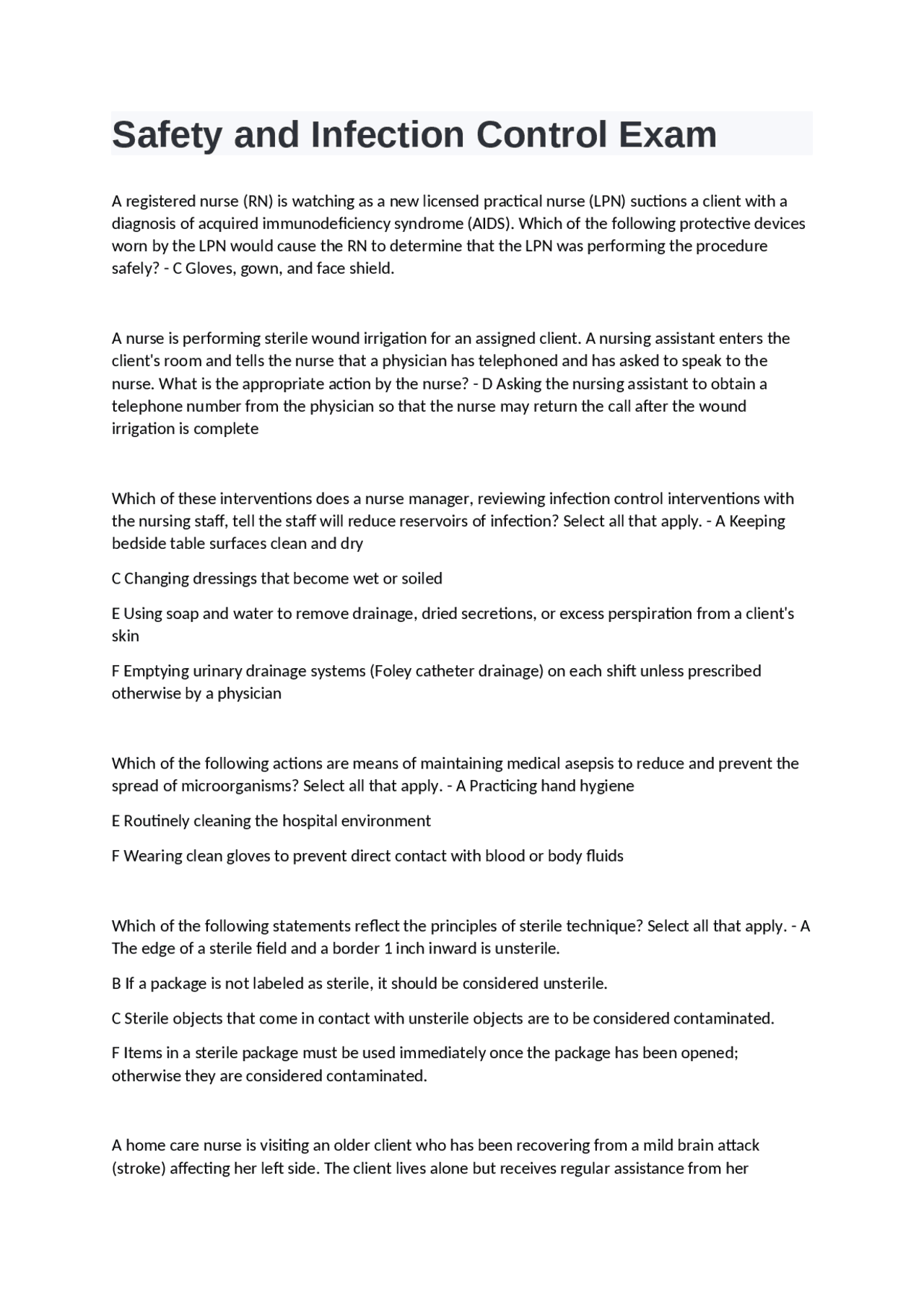 Safety and Infection Control Exam | Exams Nursing | Docsity