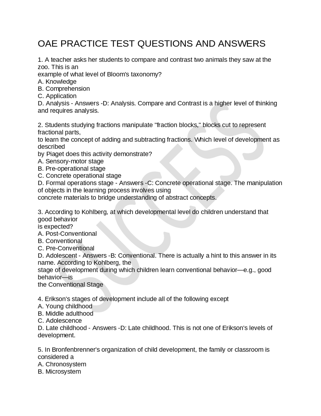 OAE PRACTICE TEST QUESTIONS AND ANSWERS | Exams Advanced Education ...