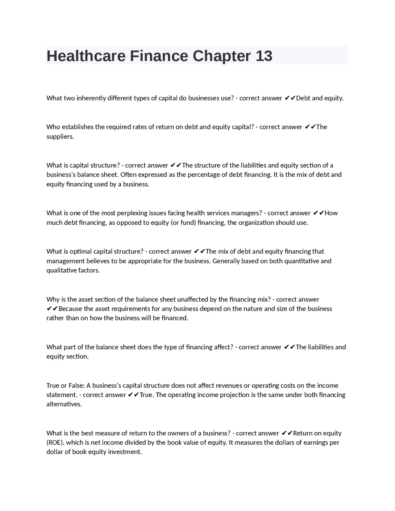 Healthcare Finance Chapter 13 questions n answers | Exams Nursing | Docsity