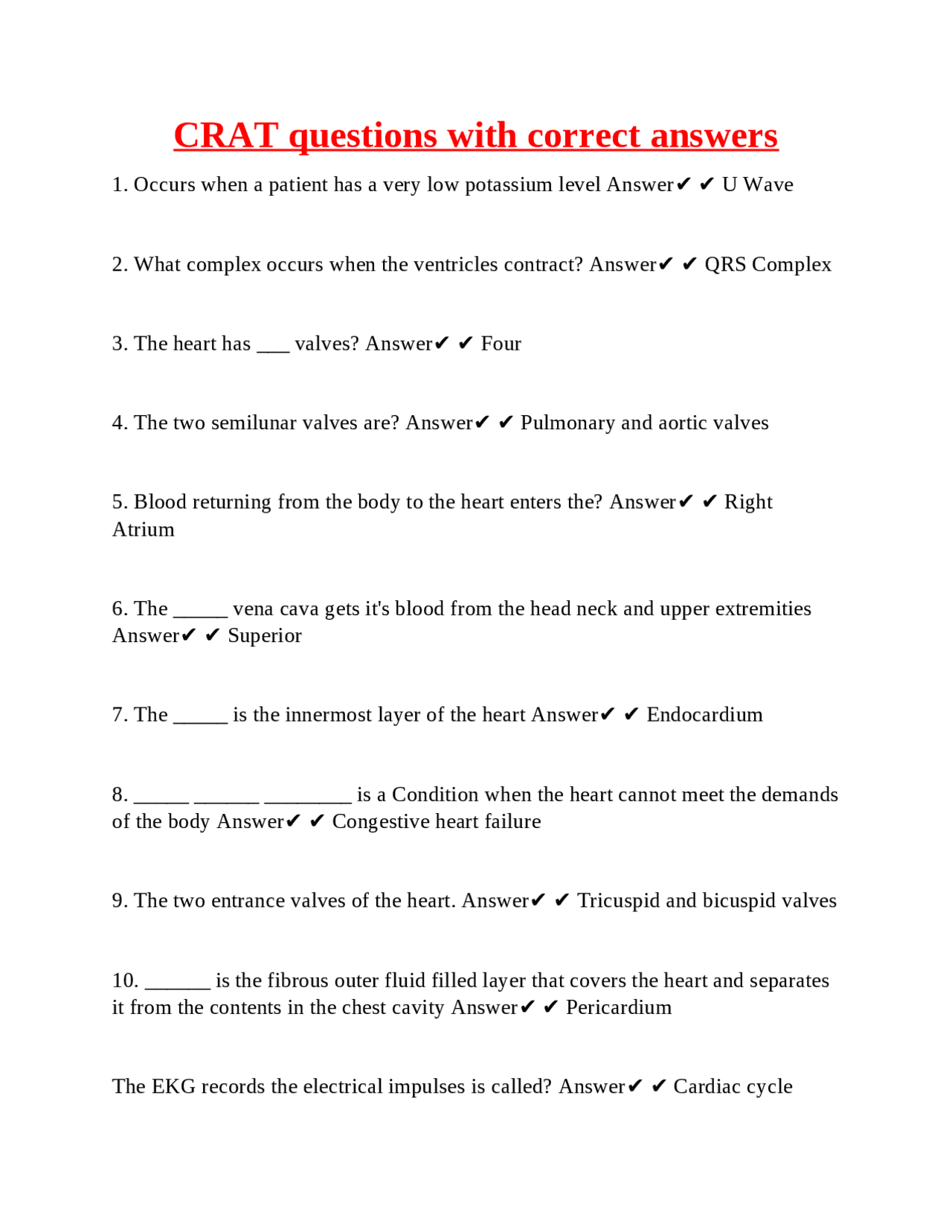 CRAT questions with correct answers | Exams Nursing | Docsity