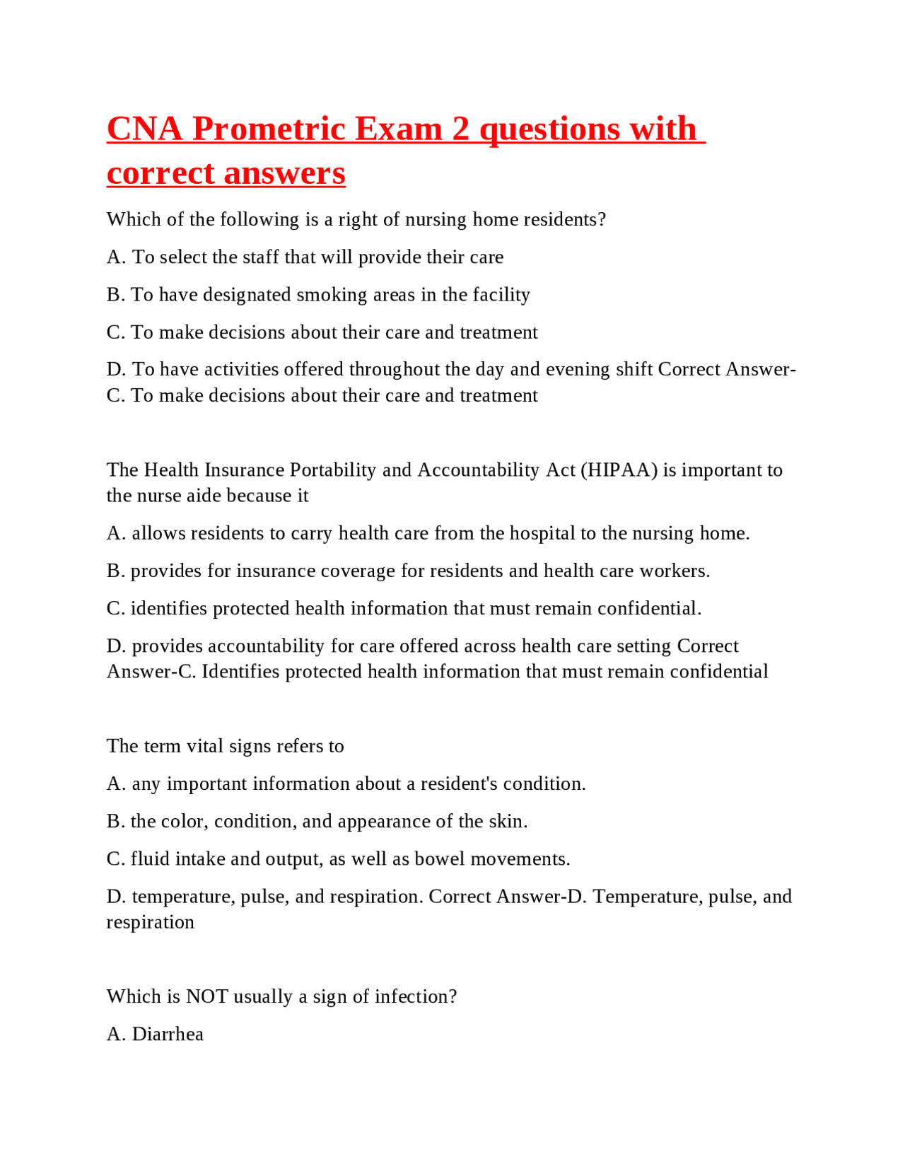 CNA Prometric Exam 2 questions with correct answers | Exams Nursing ...