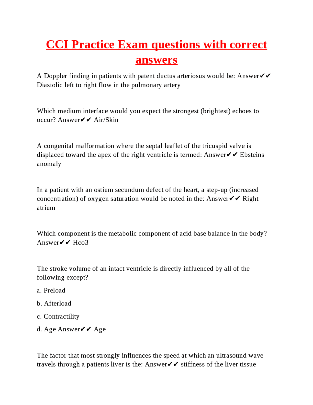 CCI Practice Exam questions with correct answers | Exams Nursing | Docsity