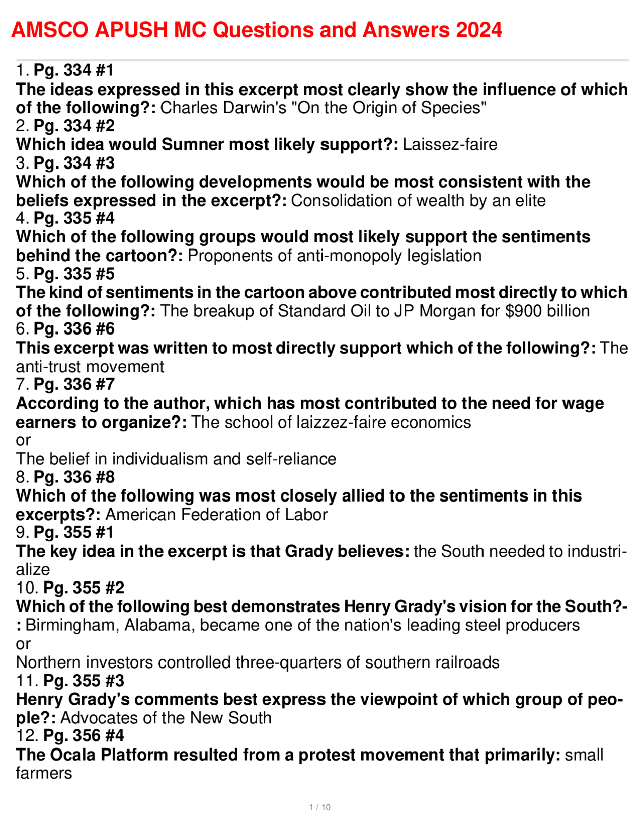 AMSCO APUSH MC Questions and Answers 2024 | Exams Nursing | Docsity