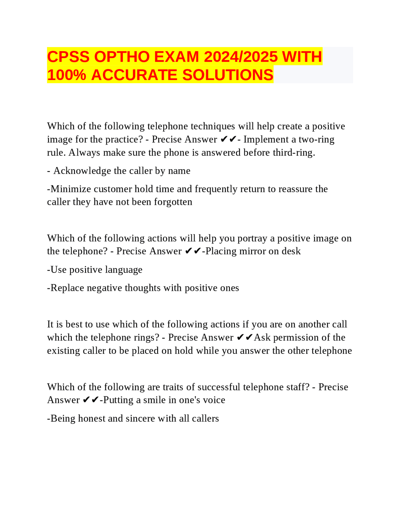 CPSS OPTHO EXAM 2024/2025 WITH 100% ACCURATE SOLUTIONS | Exams Nursing | Docsity