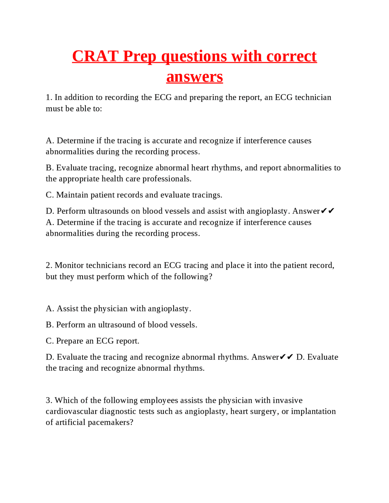 CRAT Prep questions with correct answers | Exams Nursing | Docsity