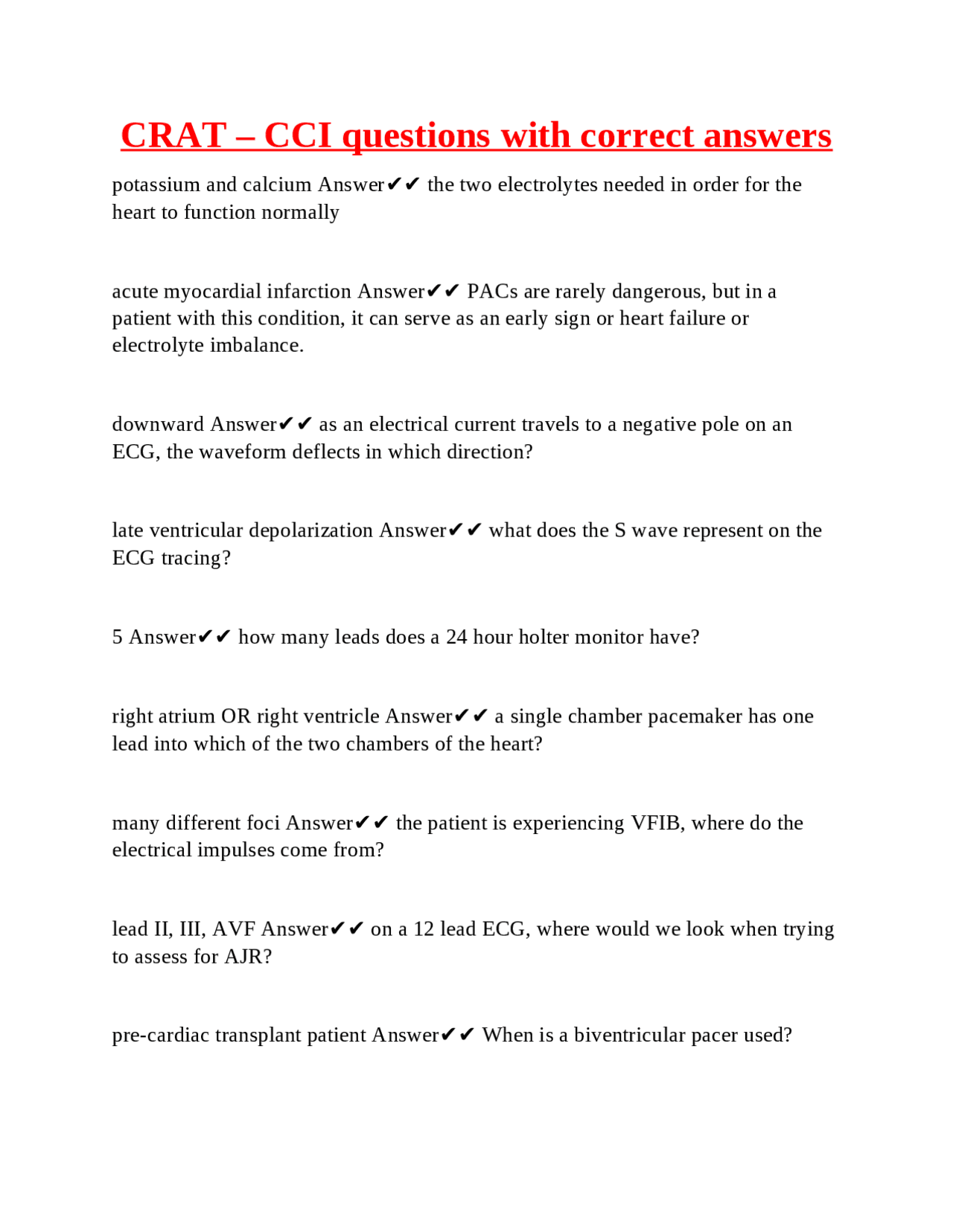 CRAT – CCI questions with correct answers | Exams Nursing | Docsity