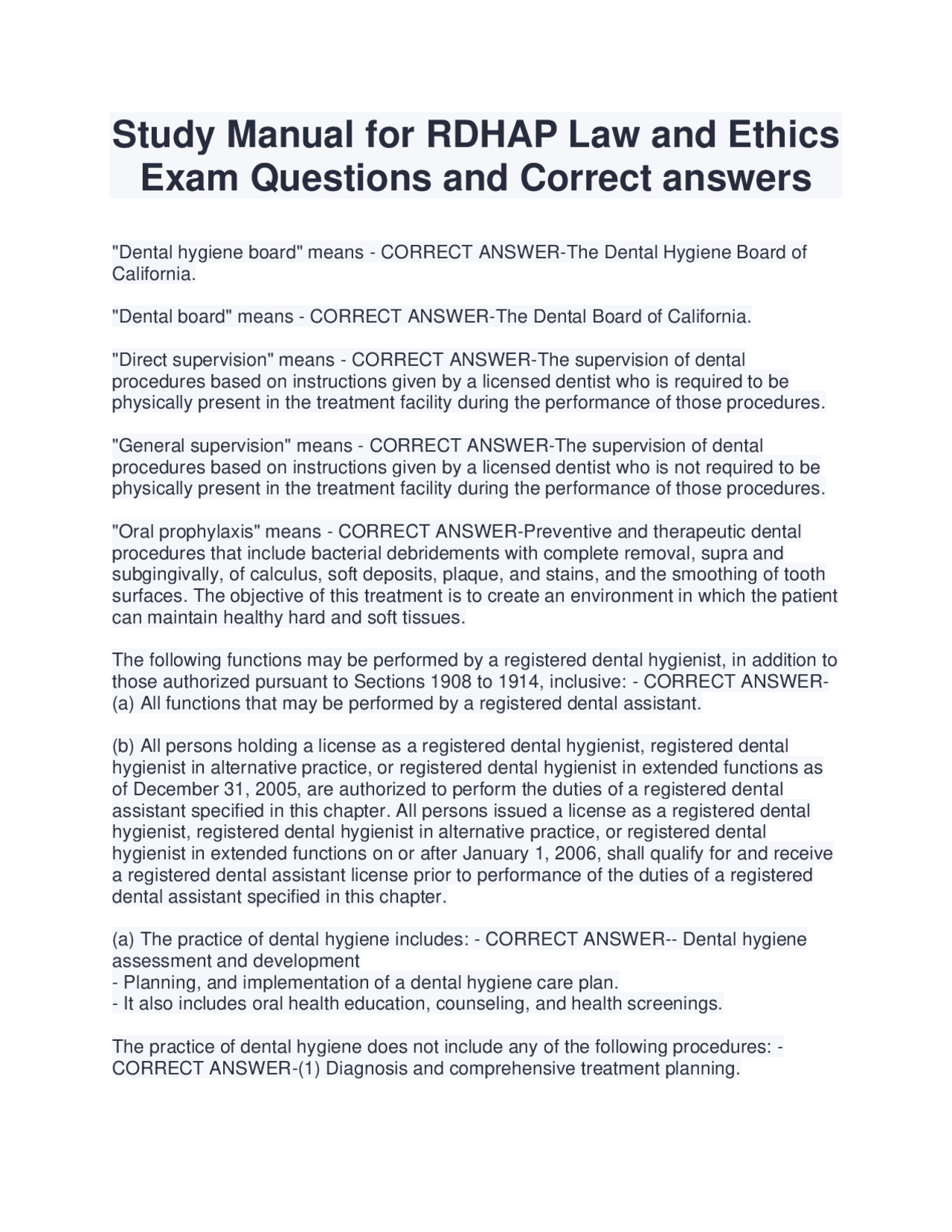Study Manual for RDHAP Law and Ethics Exam Questions and Correct ...