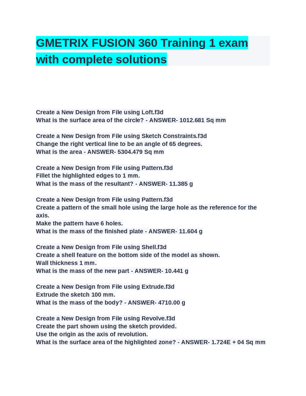 GMETRIX FUSION 360 Training 1 exam with complete solutions.docx | Exams Training and Development ...