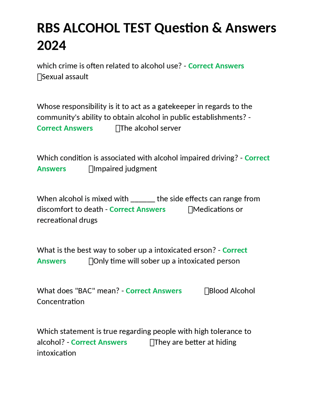 RBS ALCOHOL TEST Question & Answers 2024 | Exams Nursing | Docsity