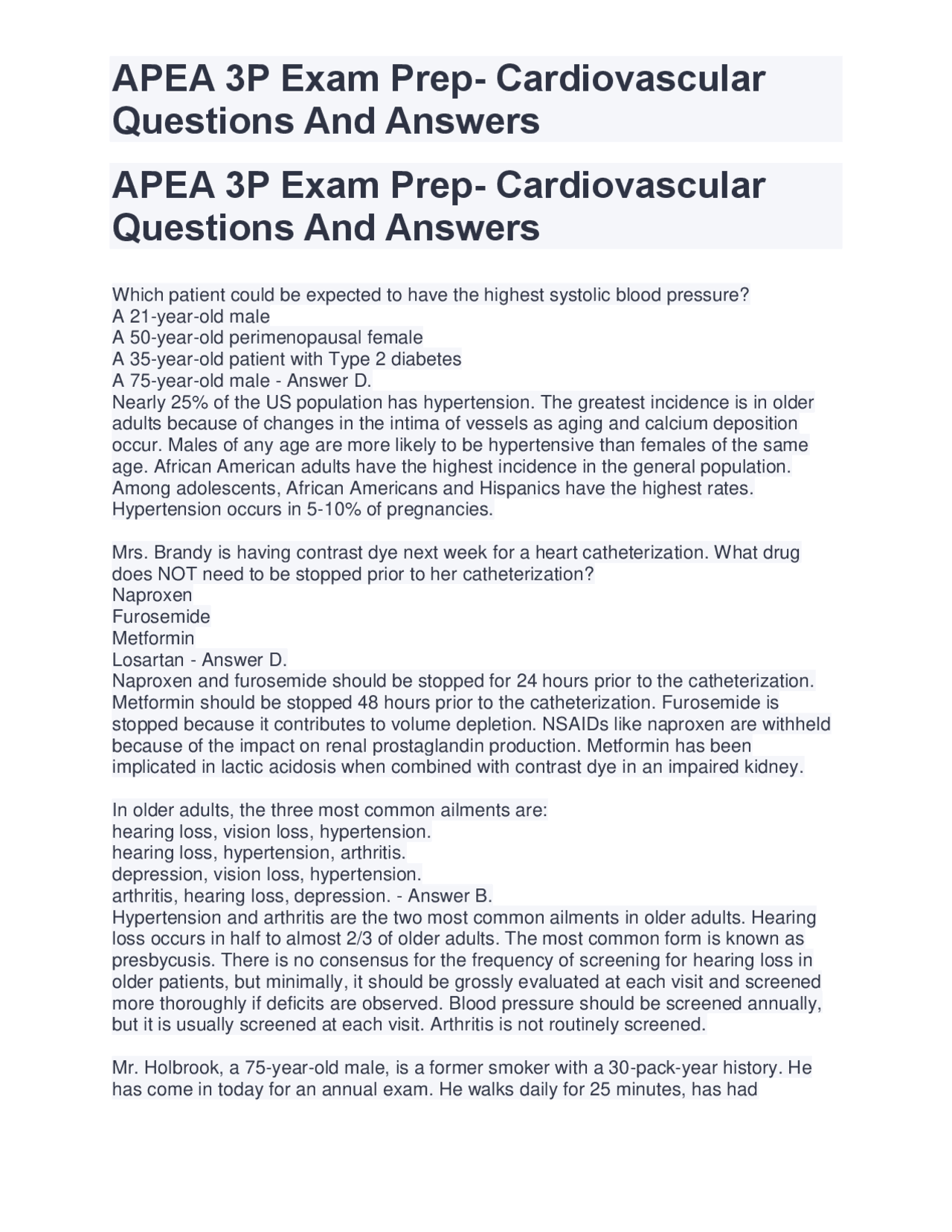 APEA 3P Exam Prep- Cardiovascular Questions And Answers 2024-2025 | Exams Nursing | Docsity