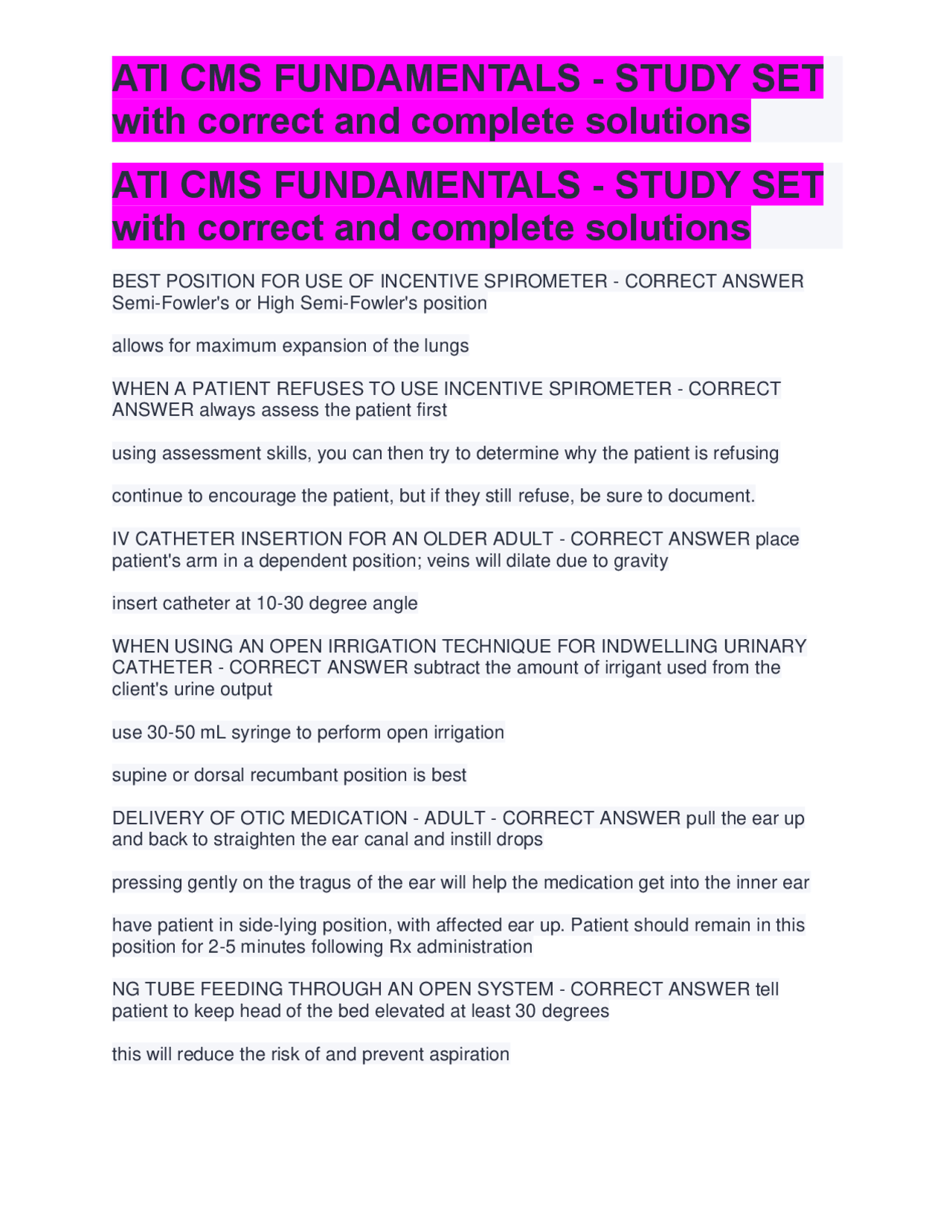 ATI CMS FUNDAMENTALS - STUDY SET with correct and complete solutions | Exams Nursing | Docsity