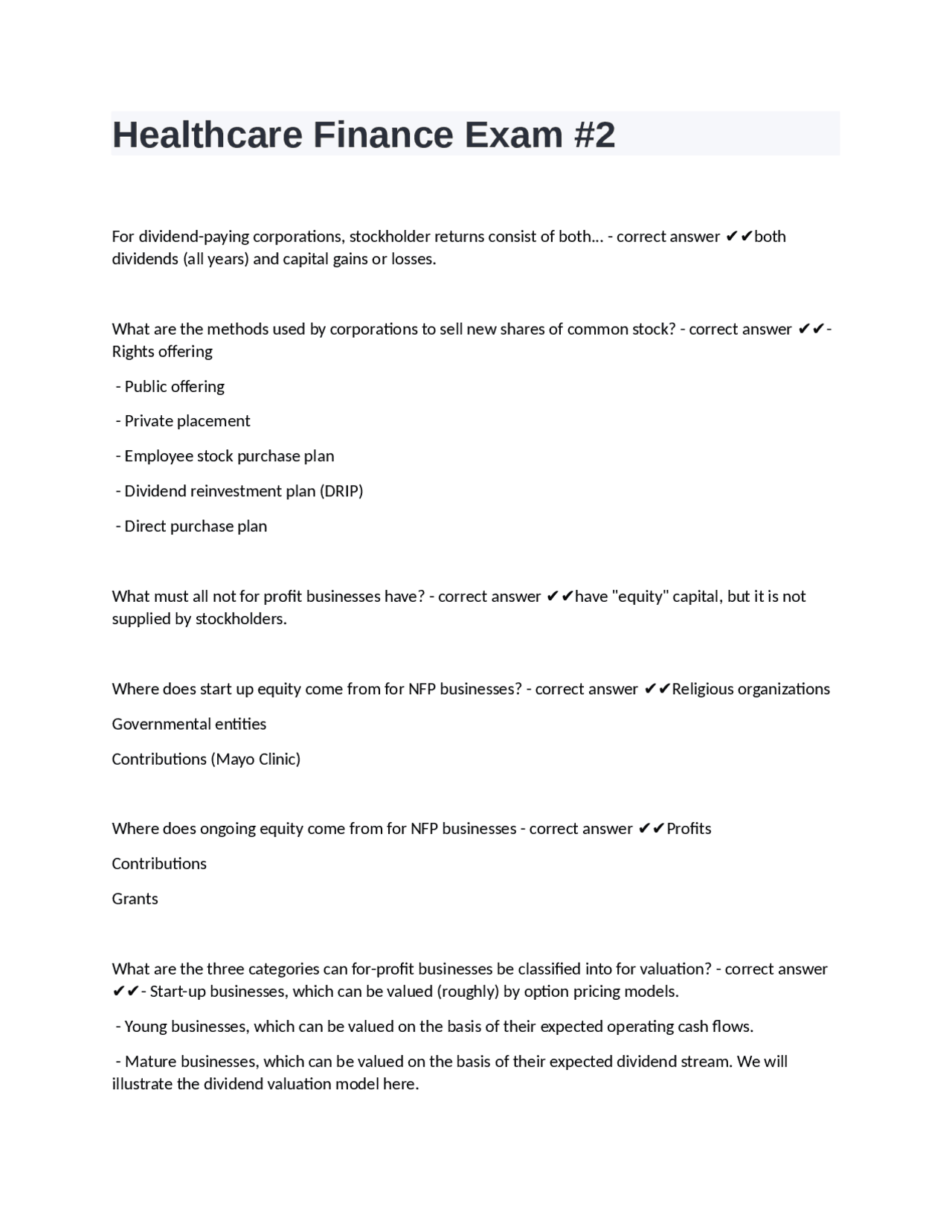 Healthcare Finance Exam #2 questions with 100% correct answers | Exams ...