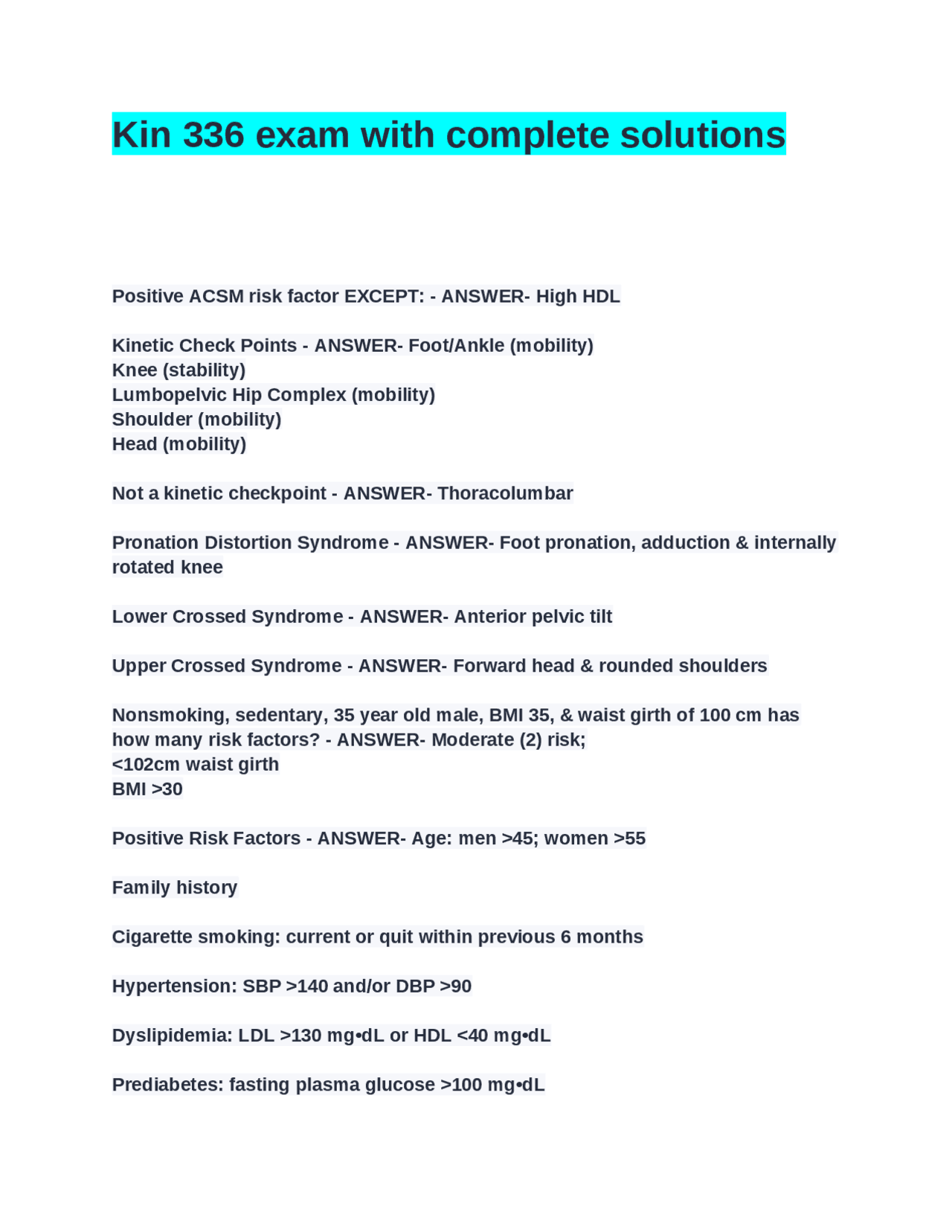 Kin 336 exam with complete solutions. | Exams Kinematics | Docsity